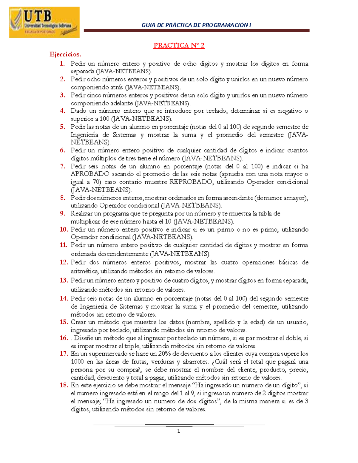 GUIA DE Practica # 2 DE Programacion I SIS -126 - GUIA DE PRÁCTICA DE PROGRAMACIÓN I 1 PRACTICA ...