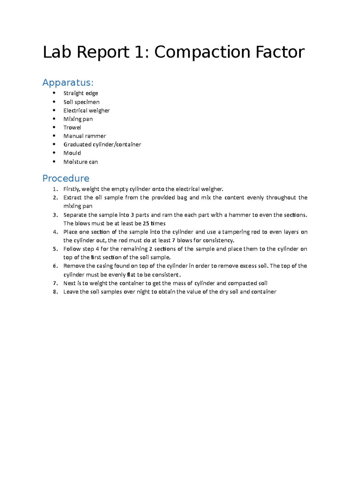 Lab-Report-1 - Standard lab work - Lab Report 1: Compaction Factor ...