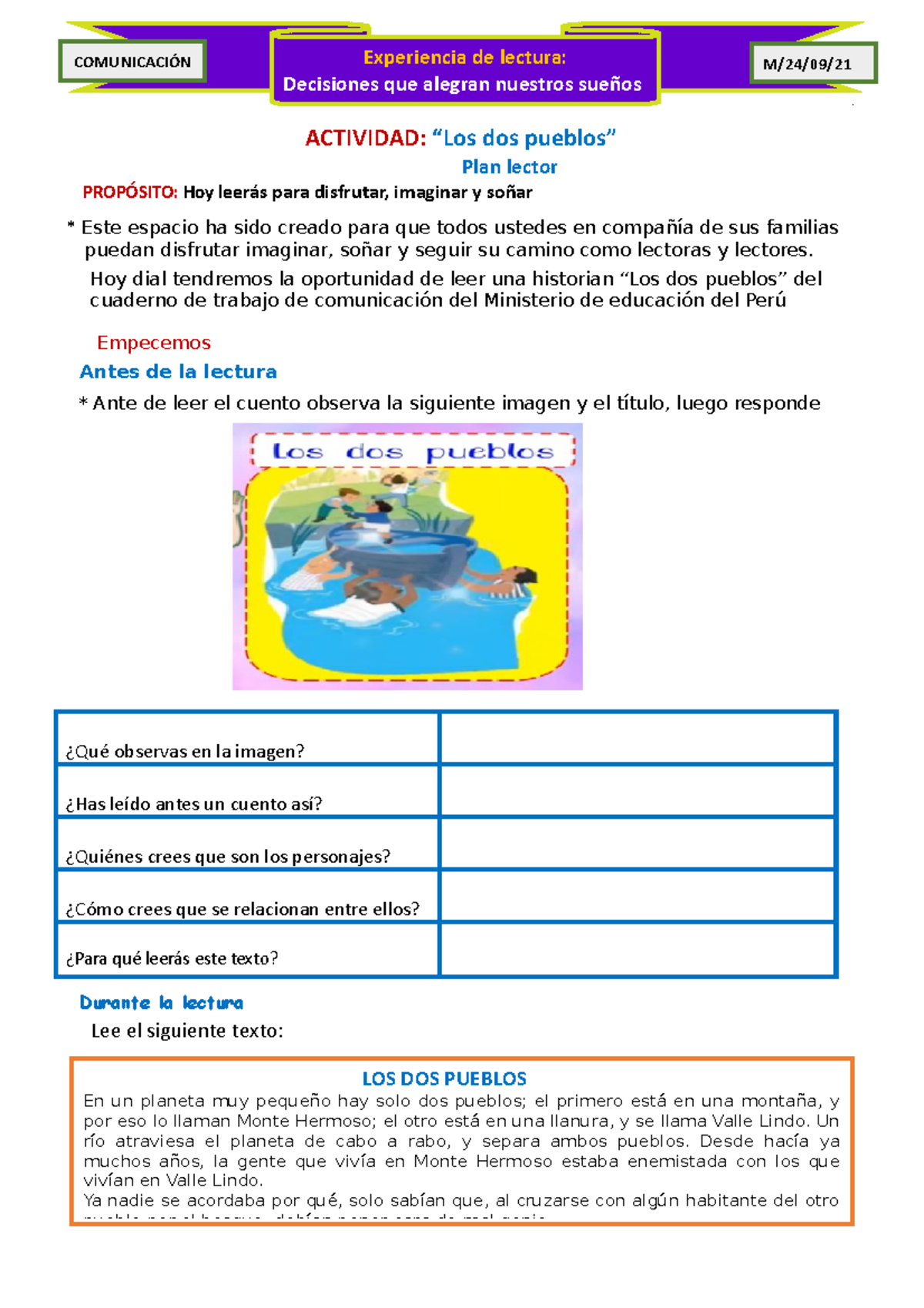 Lectura LOS DOS Pueblos - ACTIVIDAD: “Los dos pueblos” Plan lector ...