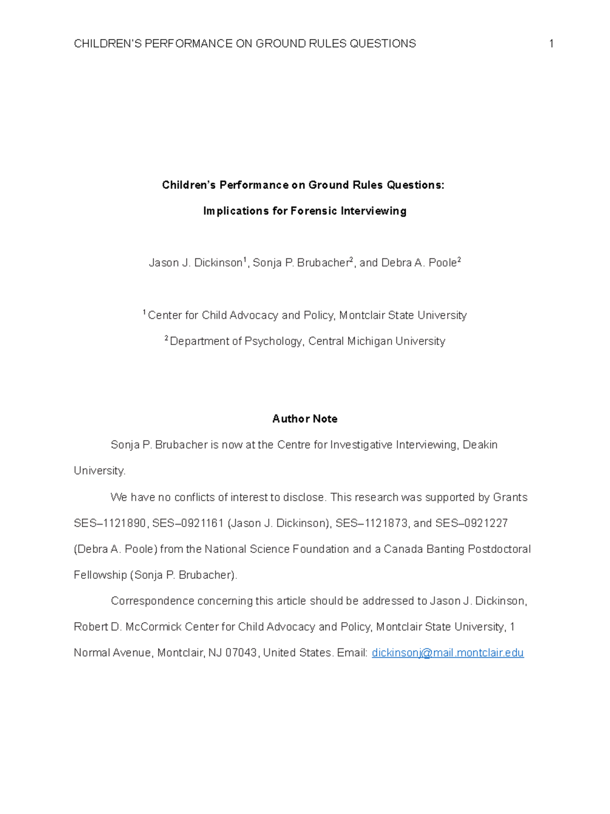 Empirical Single Study Paper - Dickinson - Children’s Performance on ...