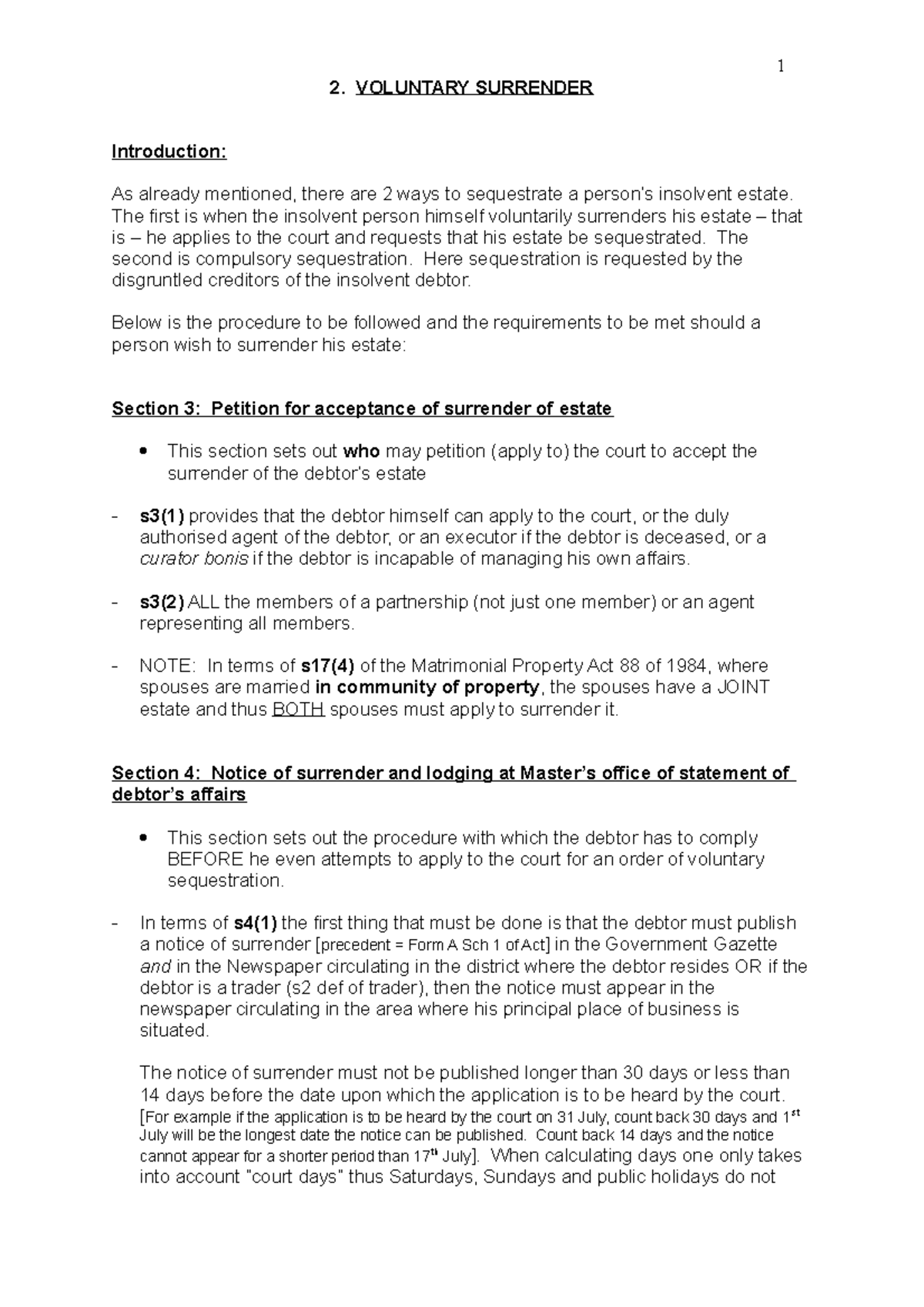 2 - Lecture notes - 2. VOLUNTARY SURRENDER Introduction: As already ...
