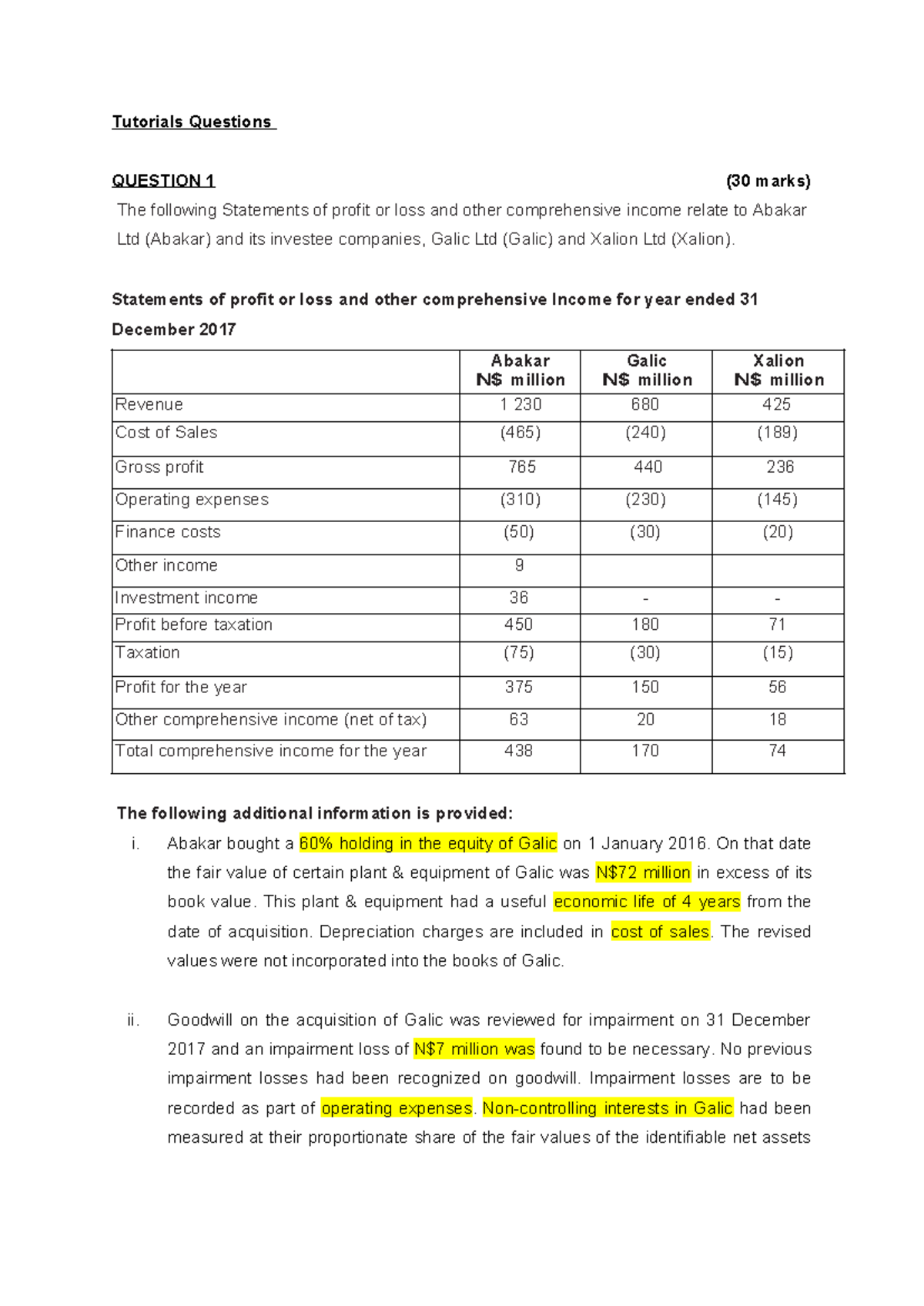 Tutorials - IFRS 10 - Tutorials Questions QUESTION 1 (30 marks) The ...