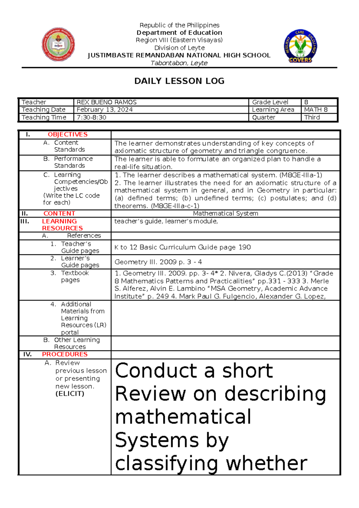 Q3 DLP 1 math 9 081507 - 3RD QUARTER MATH 9 DLL - Republic of the Philippines Department of ...