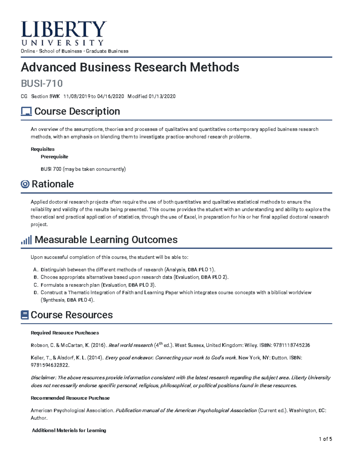 Advanced Business Research Methods BUSI 710 CG - Course Description An ...