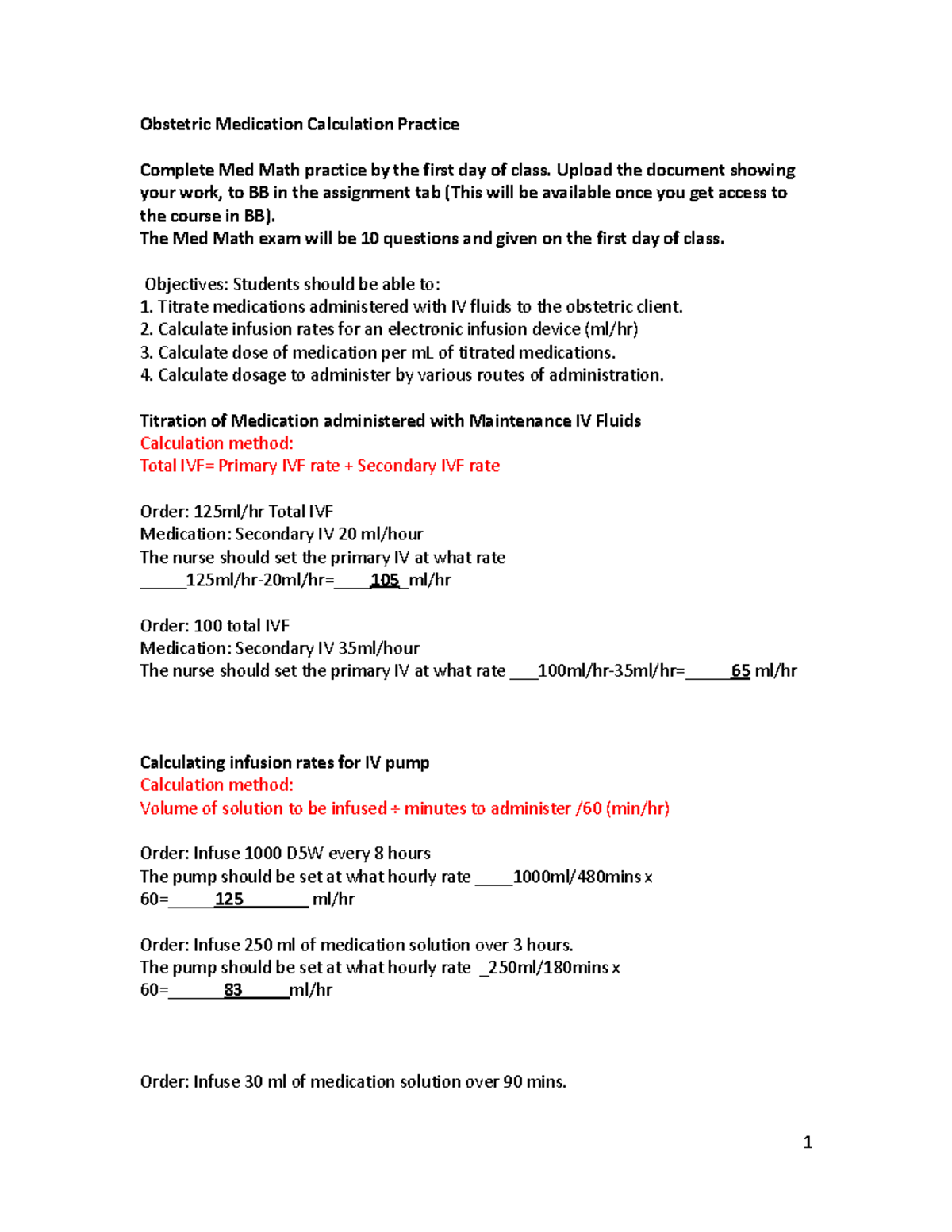 Obstetric Medication Calculation Fall 2022 - Obstetric Medication ...