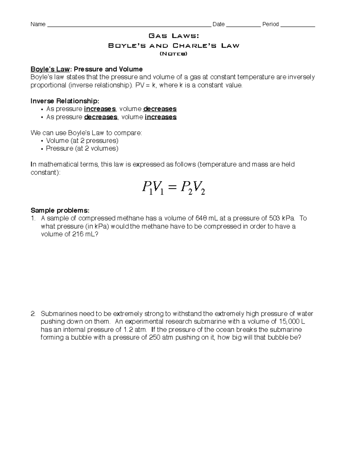 Boyles and Charles Law Notes - Gas Laws: Boyle’s and Charle’s Law ...