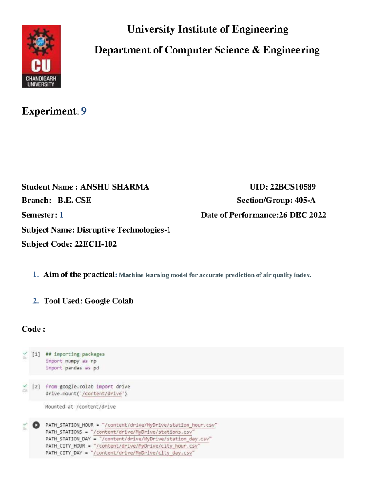 Anshu - WORKSHEET - Computer Science - Experiment: 9 Department of ...