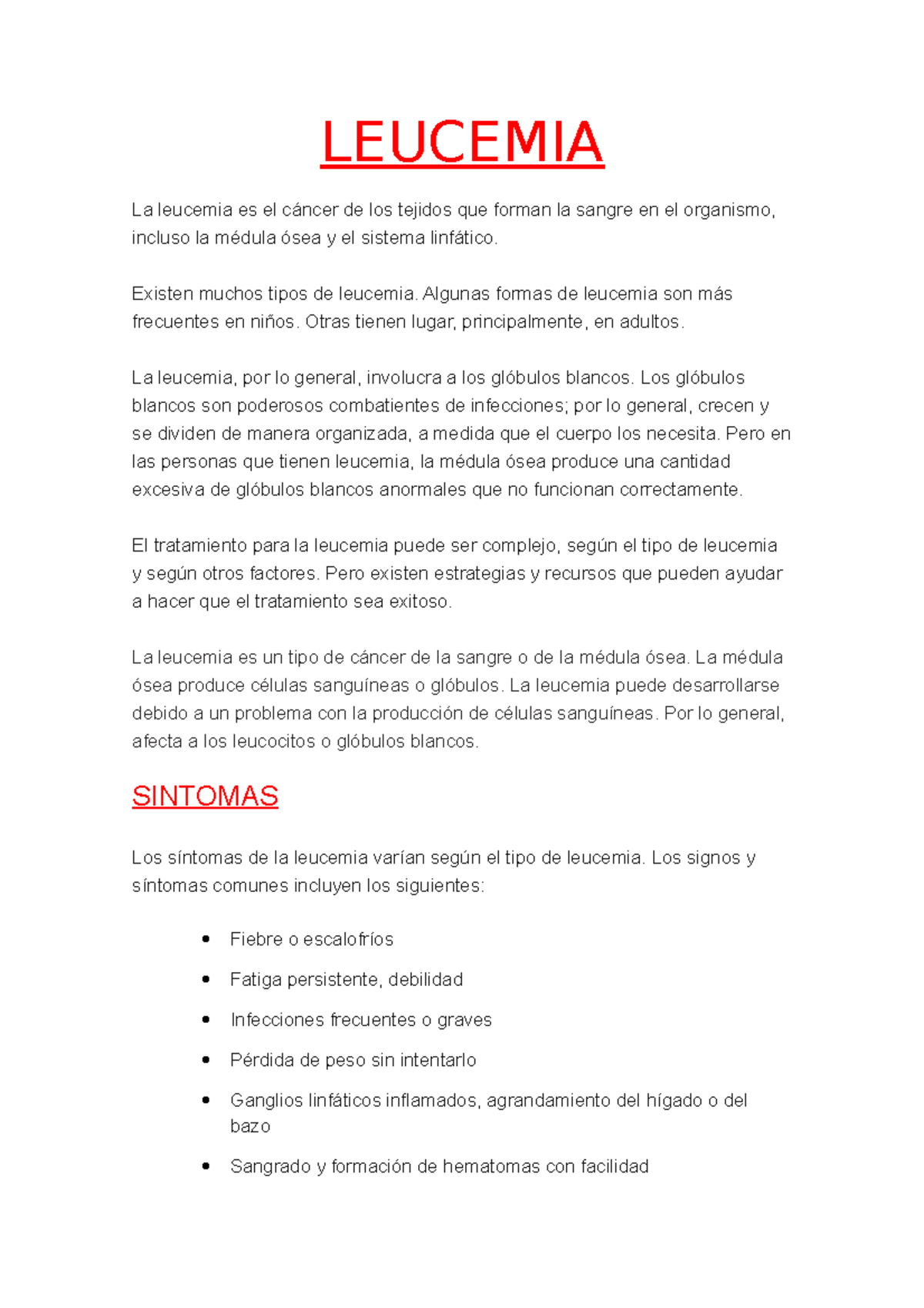 Leucemia - ........................ - LEUCEMIA La leucemia es el cáncer ...