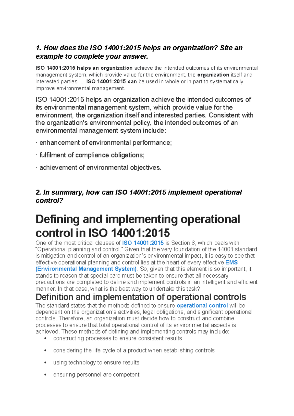 Management-2-1 - lkn knjn kml - 1. How does the ISO 14001:2015 helps an ...
