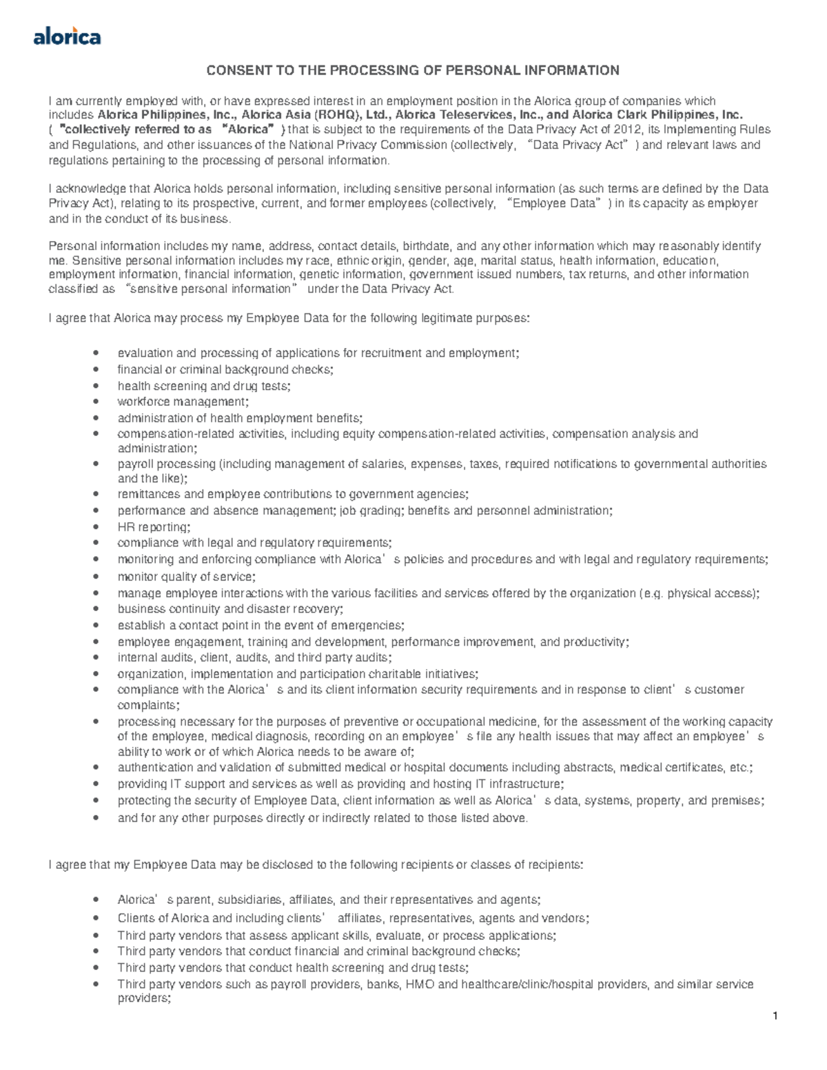 DPA Employee Consent Form ver 052021 - 1 CONSENT TO THE PROCESSING OF ...