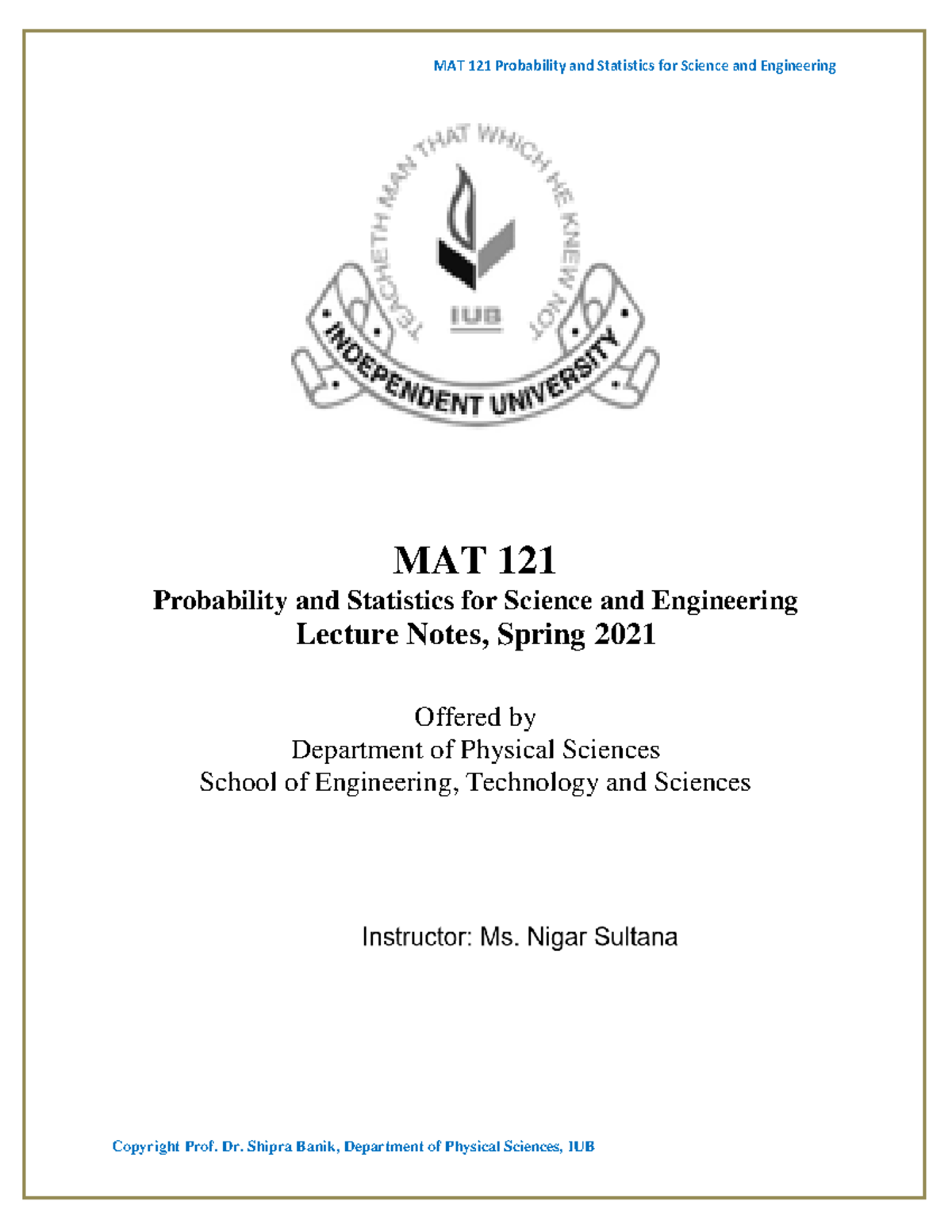 MAT 212 Course lecture sheet summer 2021 - MAT 121 Probability and ...