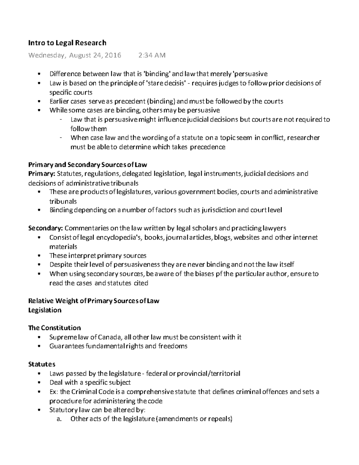 Week 1 - Intro to Legal Research - Intro to Legal Research Wednesday ...
