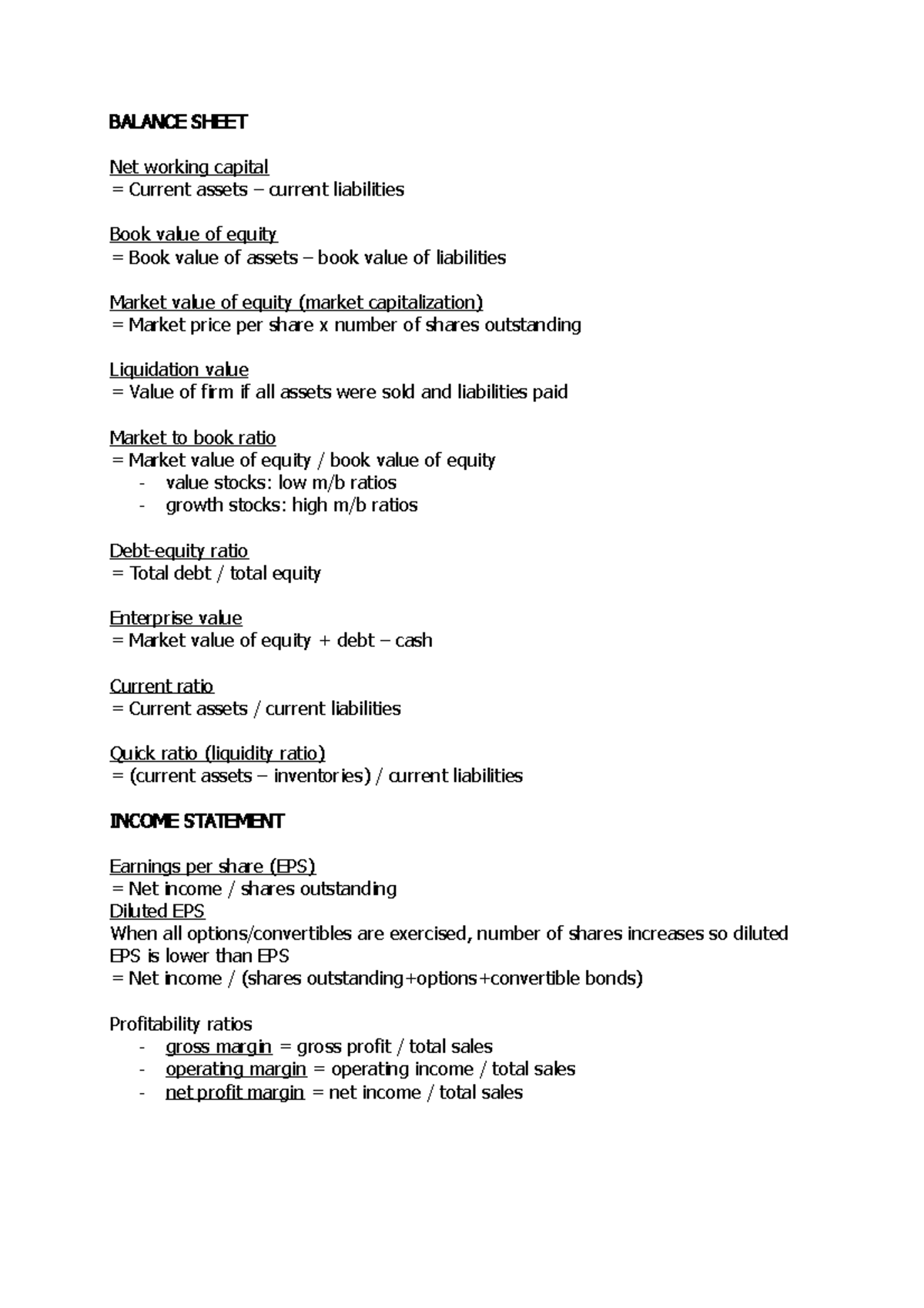 Formules Financiering - BALANCE SHEET Net working capital = Current ...