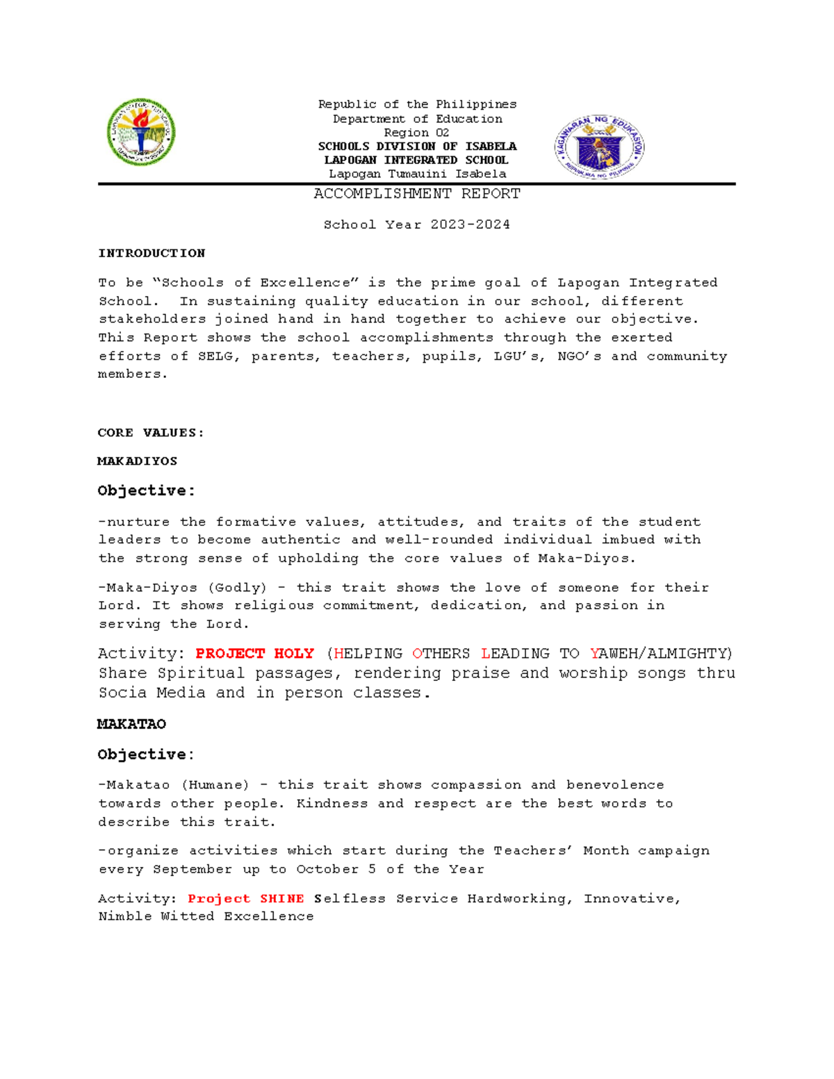 Accomplishment Report SPG 2023 - Republic of the Philippines Department ...