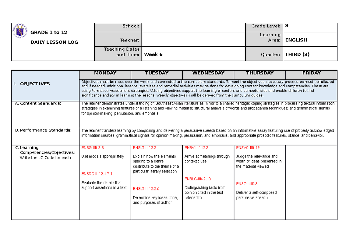 DAILY LESSON LOG ENGLISH EIGHT - GRADE 1 to 12 DAILY LESSON LOG School ...