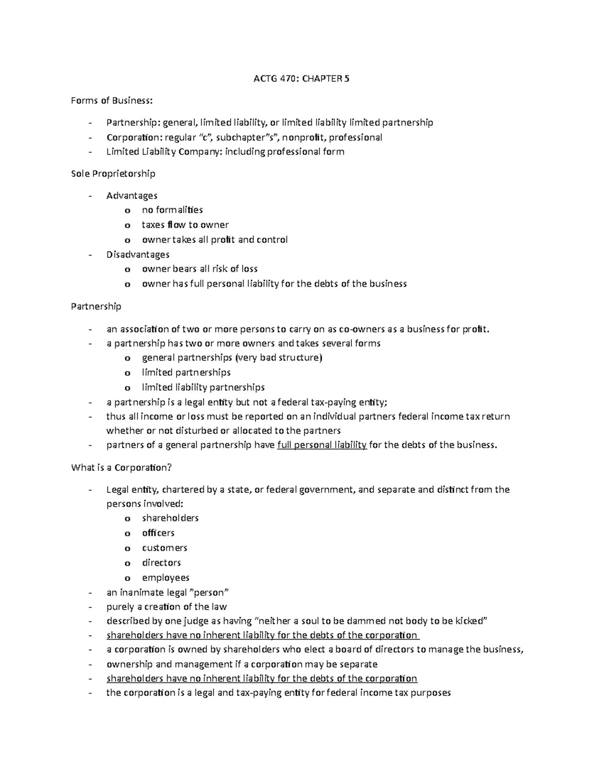 ACTG 470-Chapter 5 - Corporate Social Responsibility - ACTG 470: CHAPTER 5 Forms of Business ...