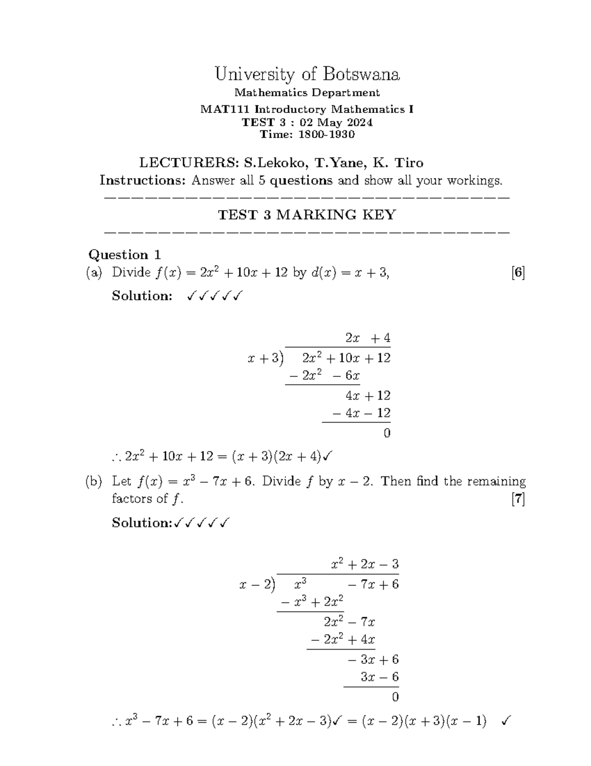 MAT 111 TEST 3 2023-2024 SII Marking Key - University of Botswana ...