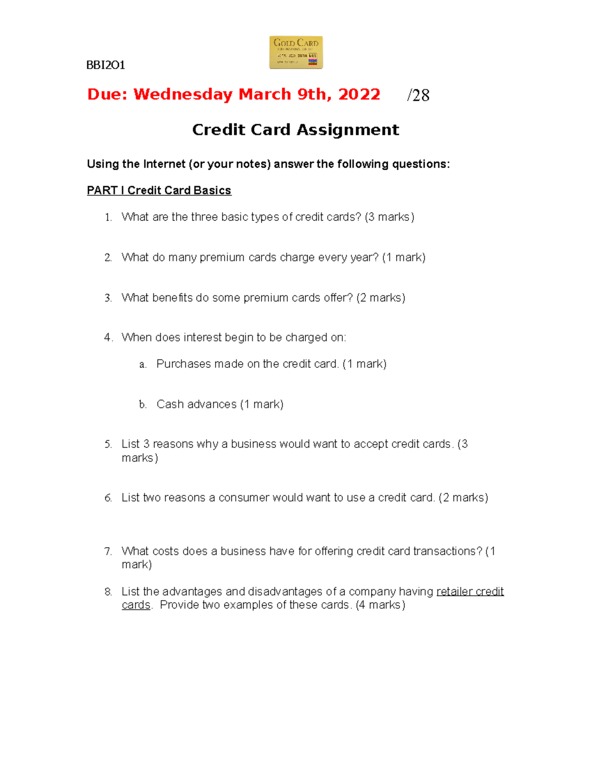 BBI Credit Card Assignt Online - BBI2O Due: Wednesday March 9th, 2022 ...