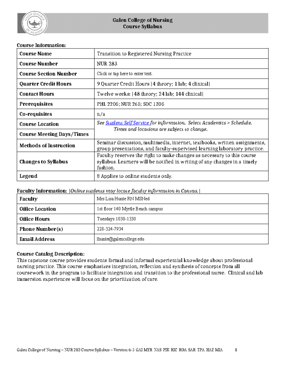 NUR 283 Syllabus Version 6-5 Myrtle Beach - Galen College of Nursing ...