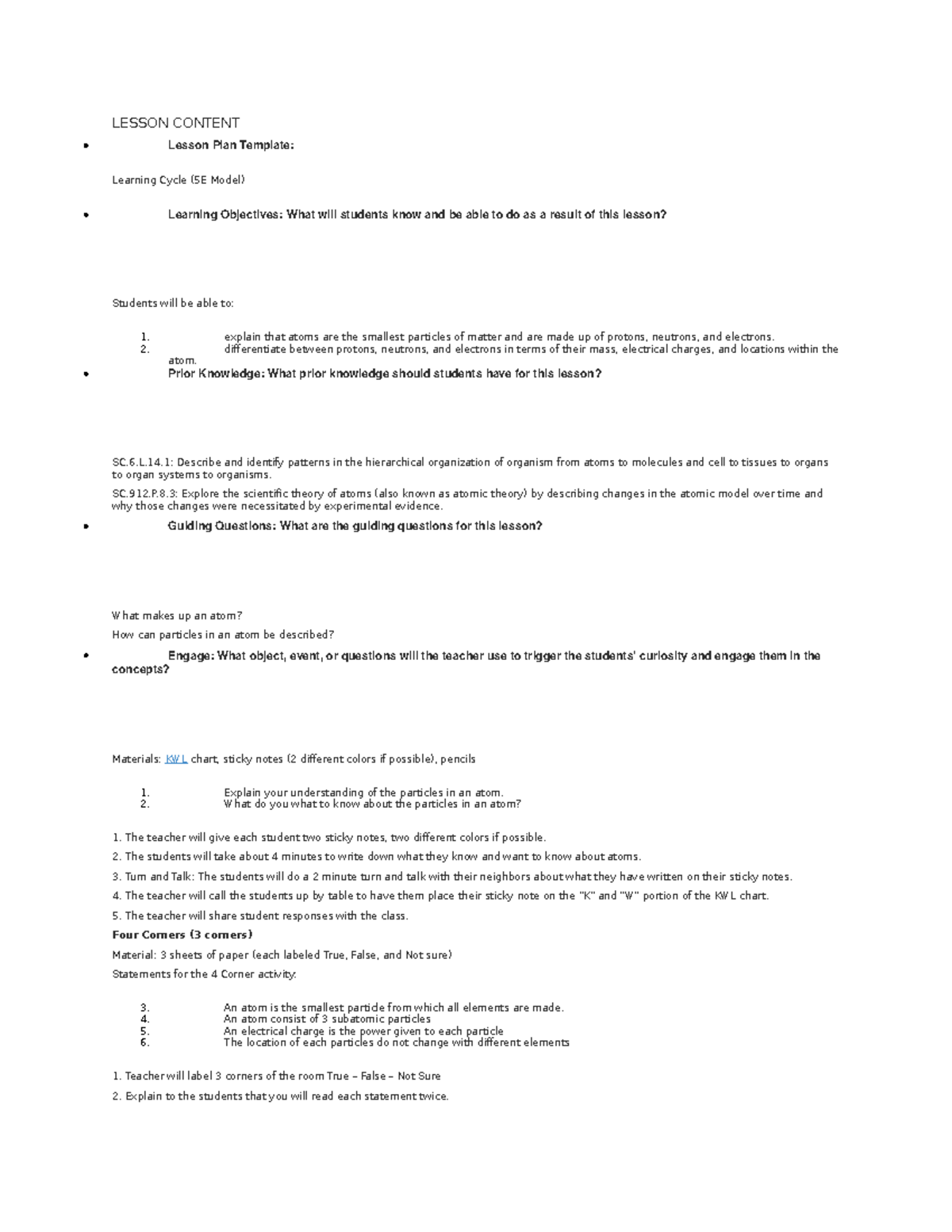 Worksheets in chemistry - LESSON CONTENT Lesson Plan Template: Learning ...