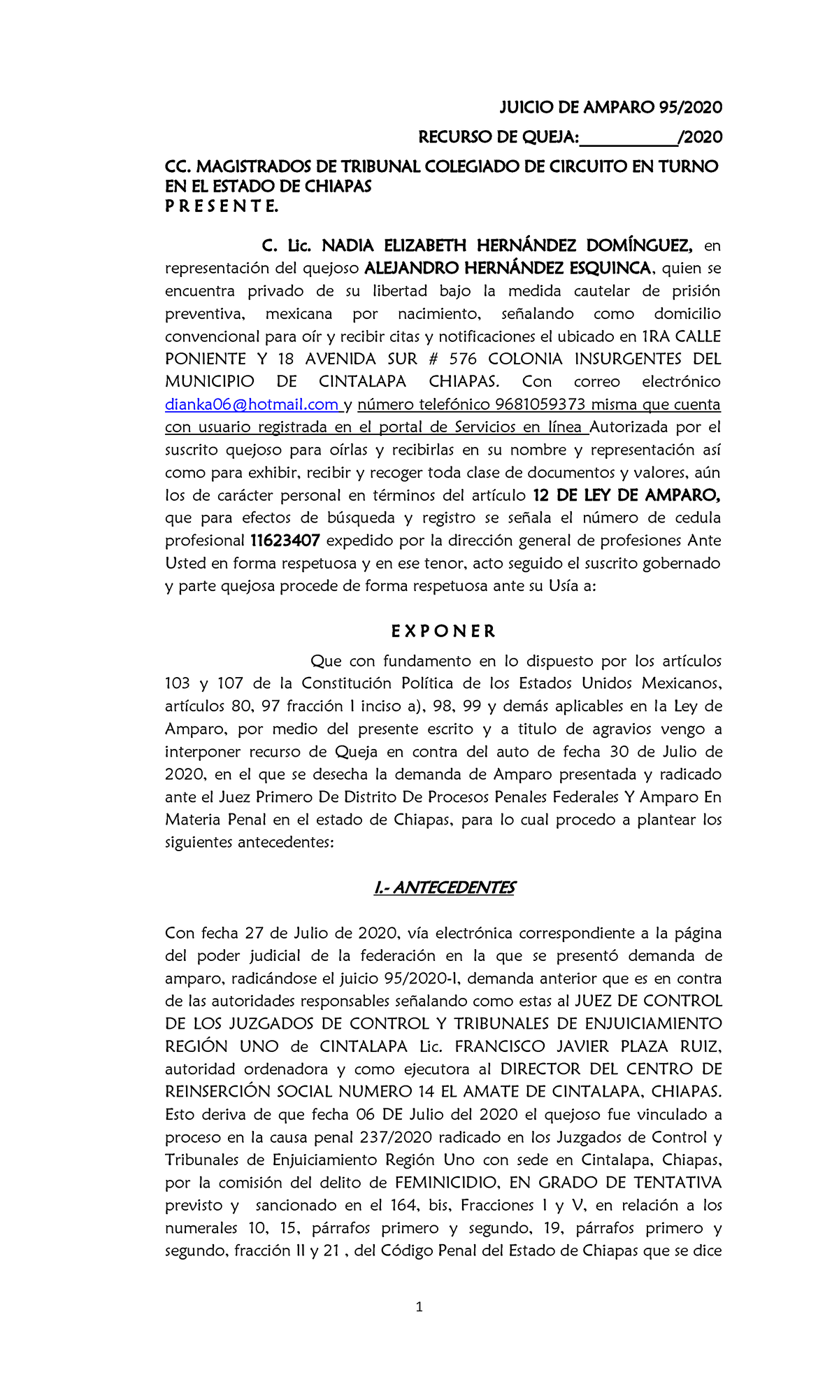 Amparo alejandro Recurso DE Queja - JUICIO DE AMPARO 95 / 2020 RECURSO DE QUEJA ...