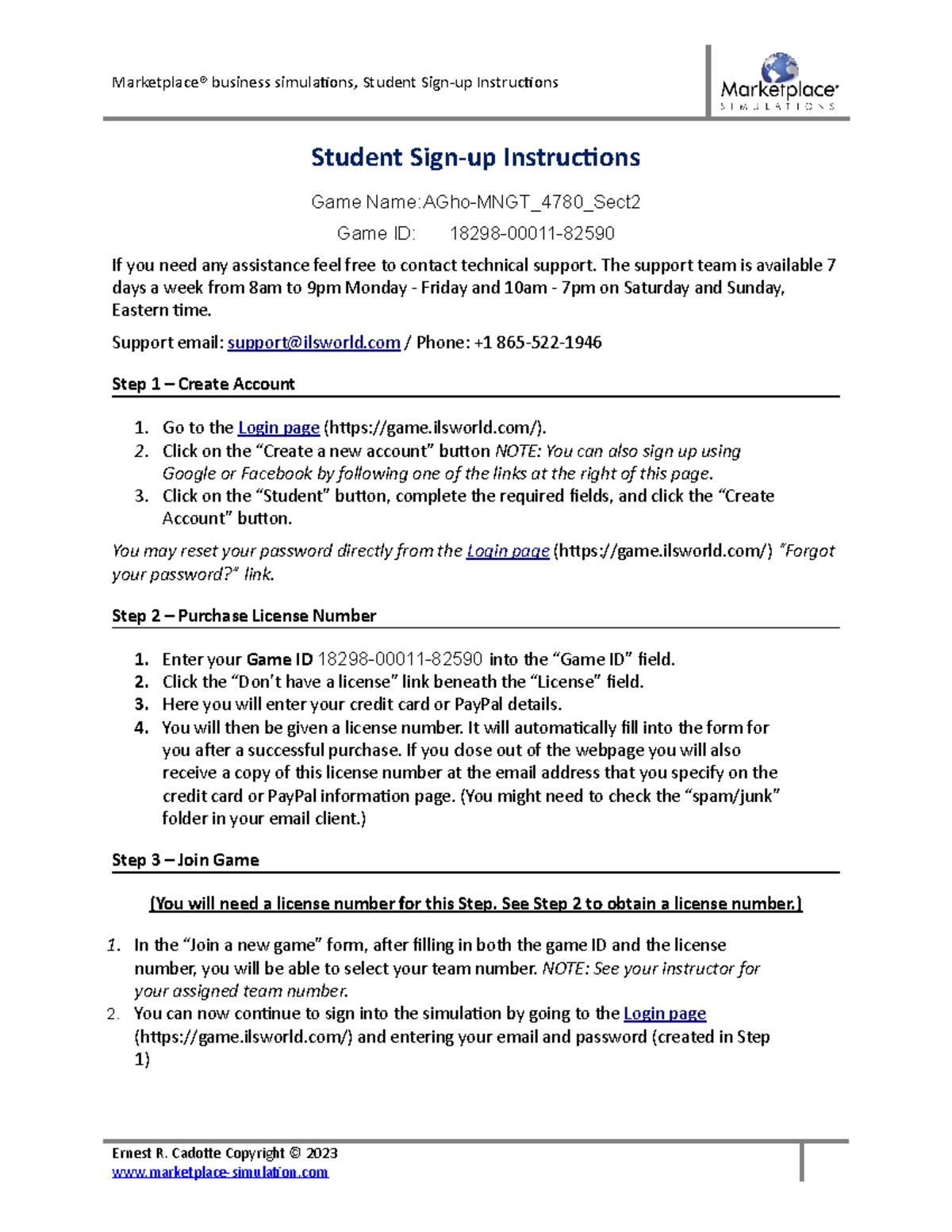 Students-instructions Sect2 - Marketplace® business simulations, Student Sign-up Instructions ...