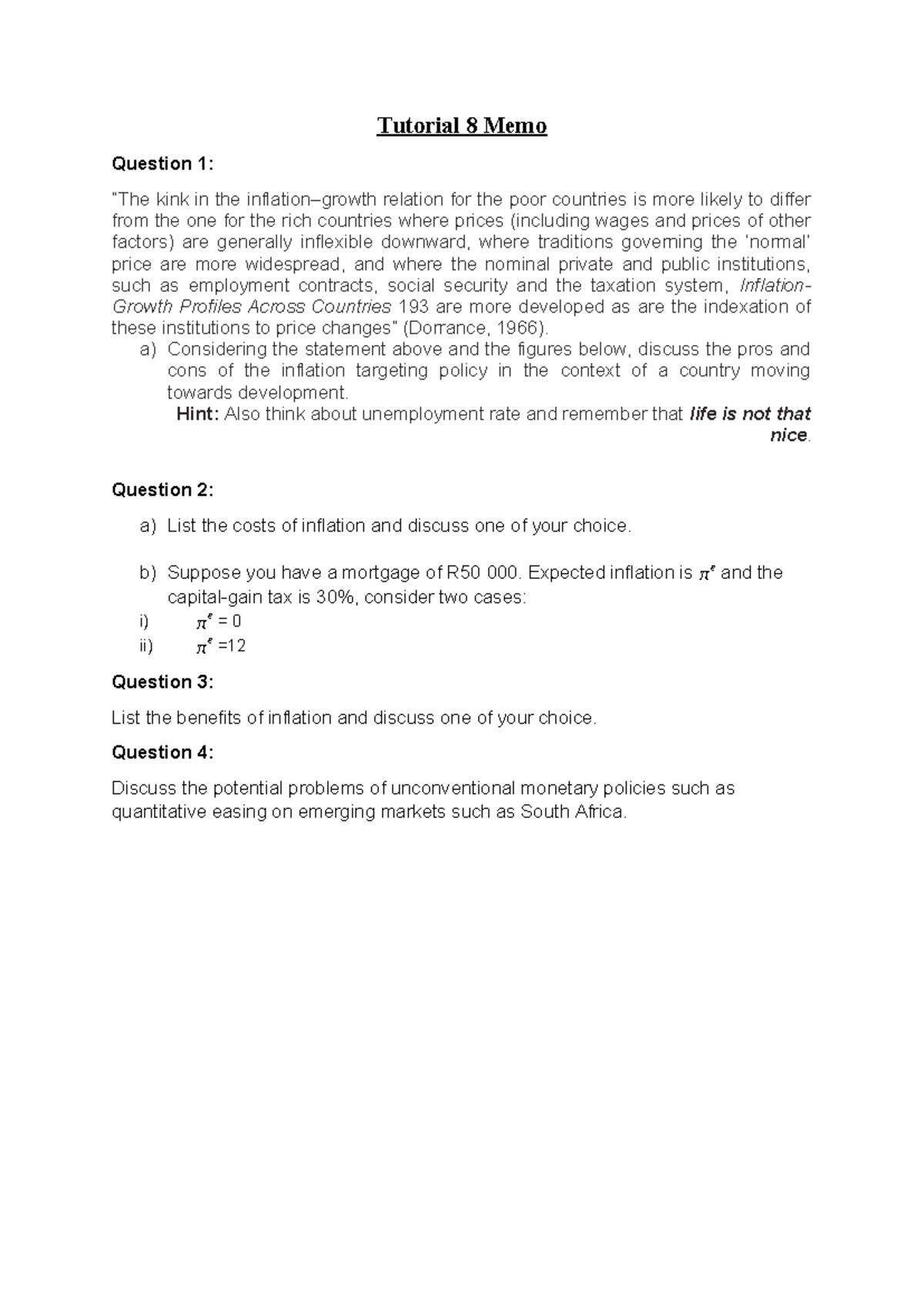 ECO 2A Tutorial 8 - Tutorial 8 Memo Question 1: “The kink in the inflation–growth relation for ...