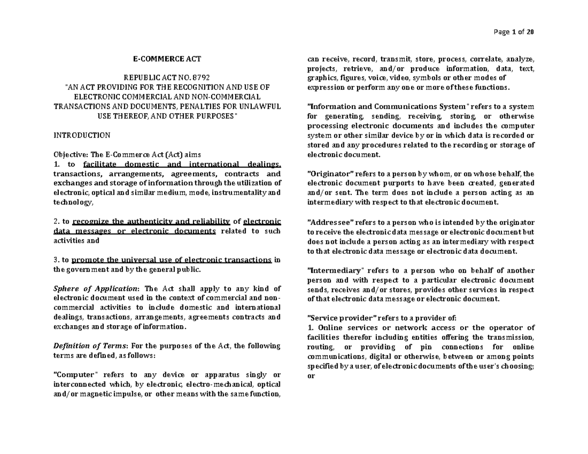 E-Commerce Act and Ease of Doing Business - E-COMMERCE ACT REPUBLIC ACT ...