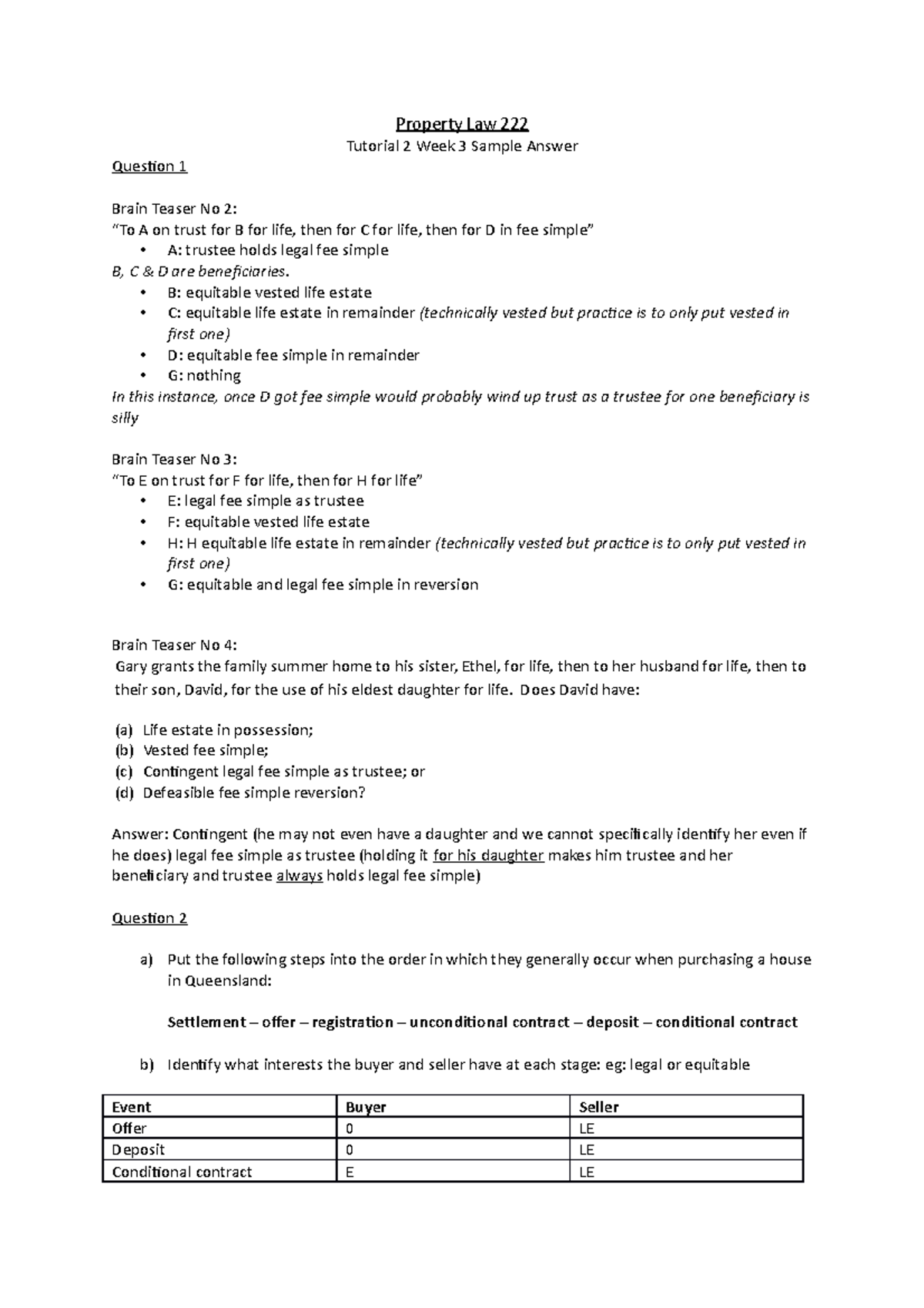 Tutorial 2 Week 3 222 - Detailed notes - Property Law 222 Tutorial 2 ...