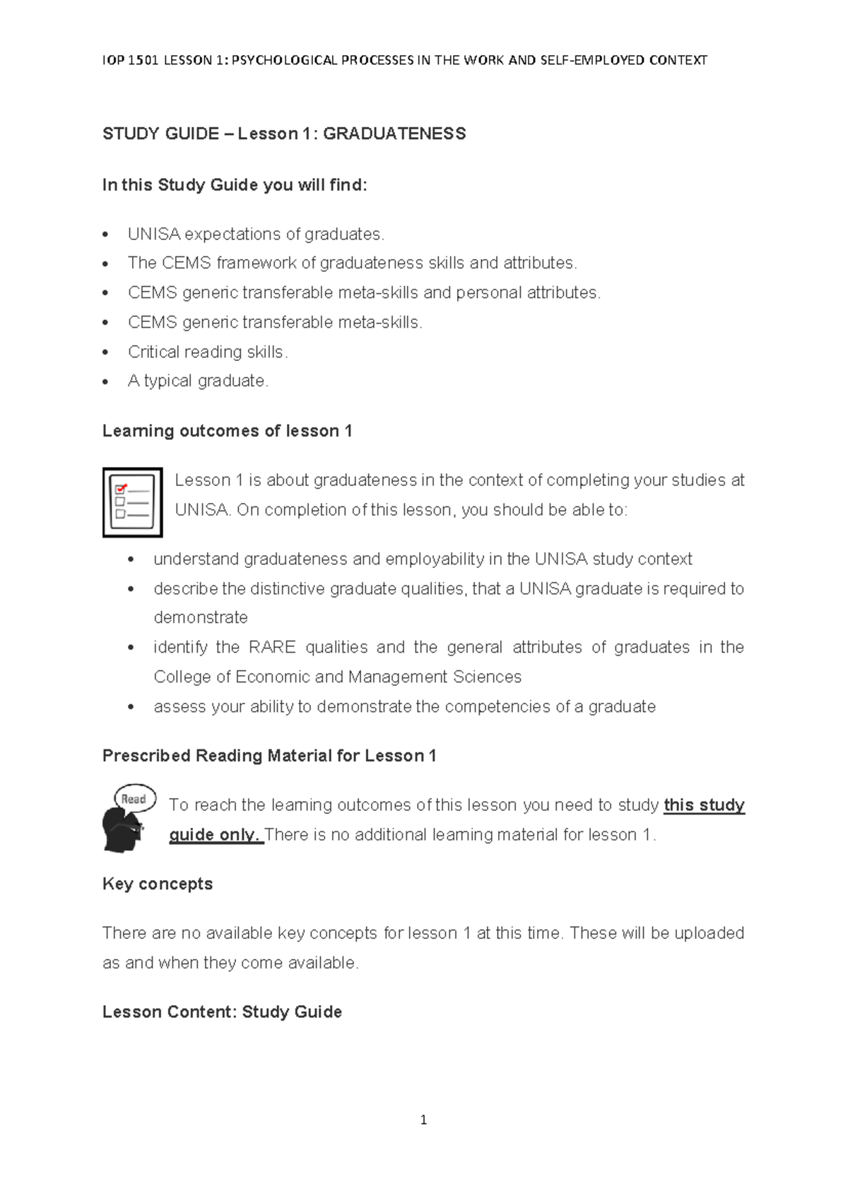IOP1501 1-4 Units - notes - IOP 1501 LESSON 1: PSYCHOLOGICAL PROCESSES ...