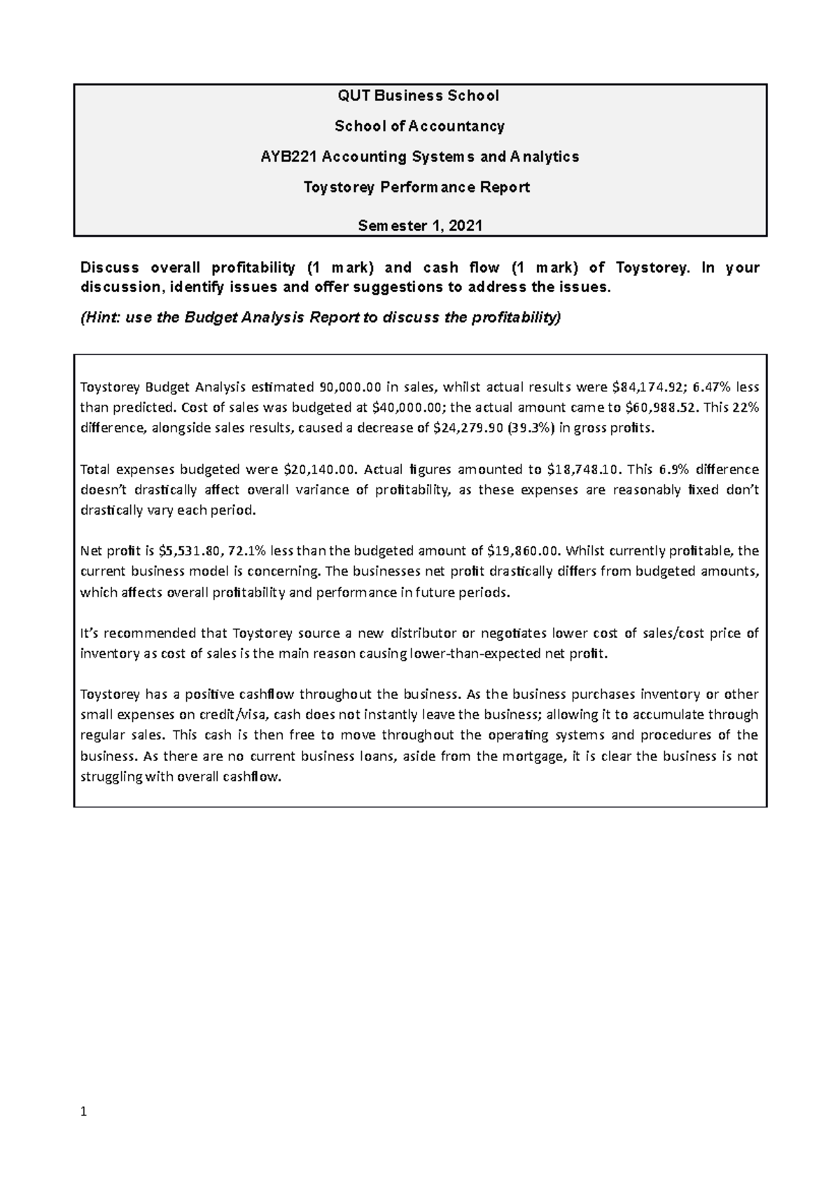 Business Performance Report Proforma Template S1 2021 - QUT Business ...