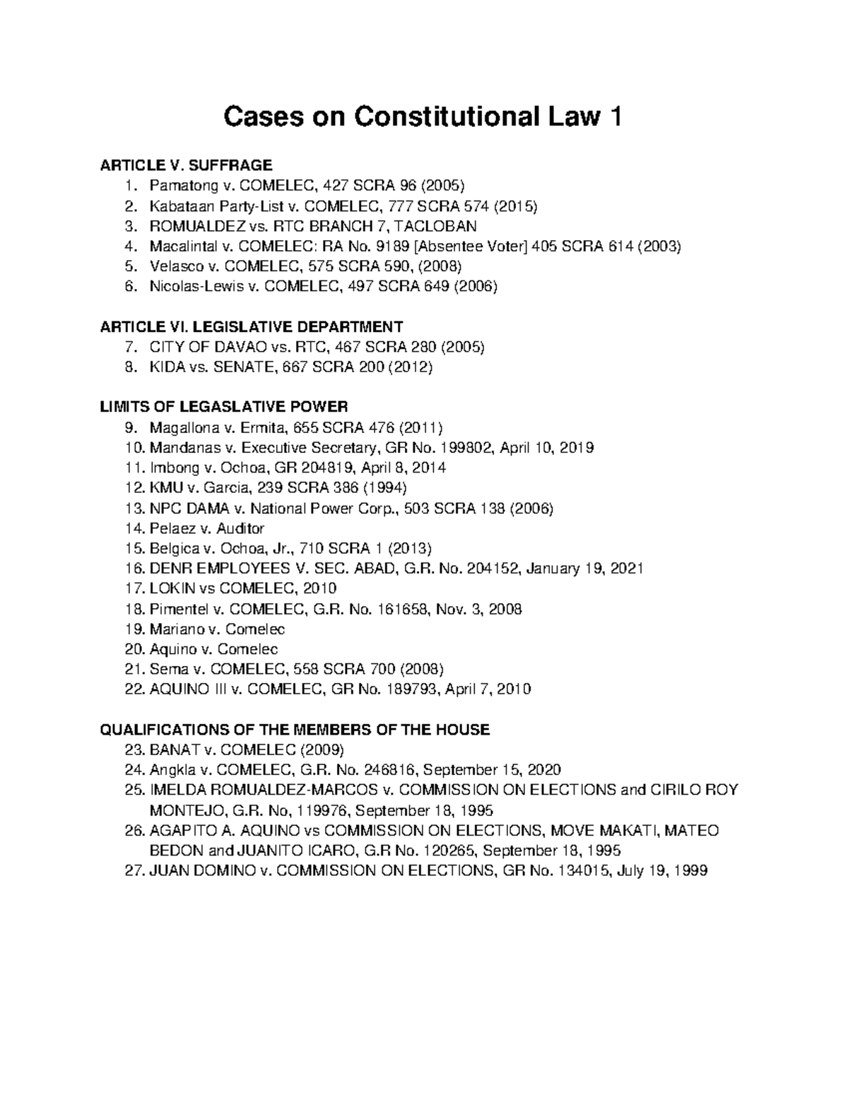 Consti 200 Cases division - Cases on Constitutional Law 1 ARTICLE V ...