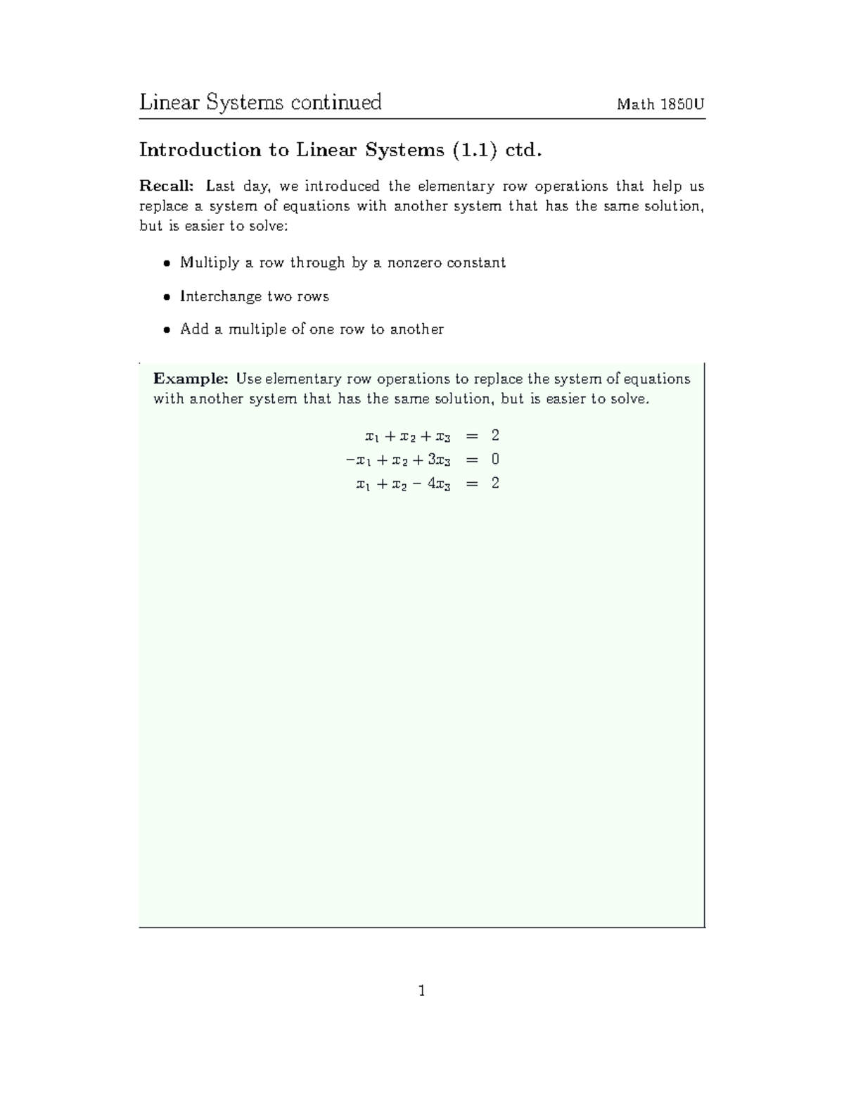 1850 Lecture 2 - Linear Systems continued Math 1850U Introduction to ...