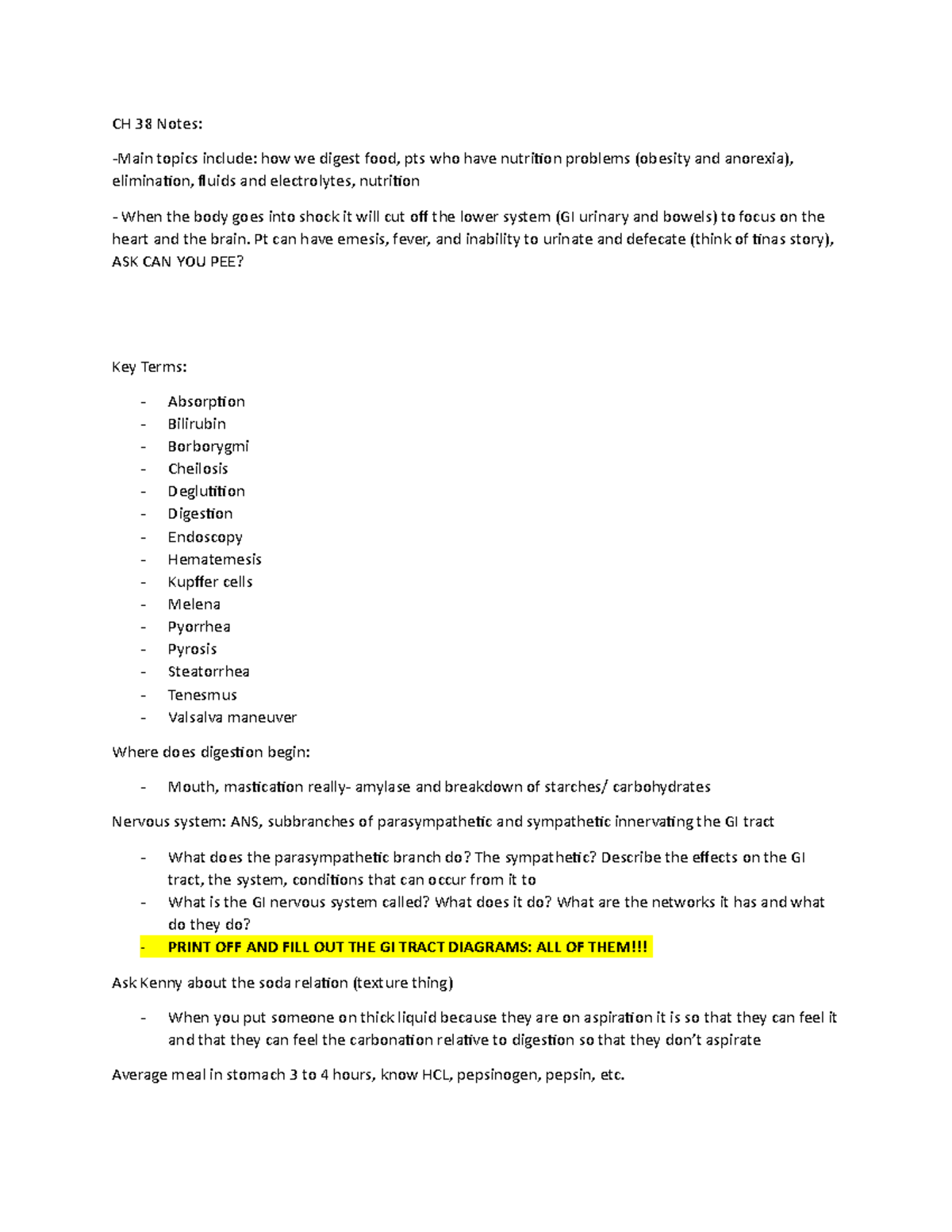 CH 38 Notes- GI Overview notes - CH 38 Notes: -Main topics include: how ...
