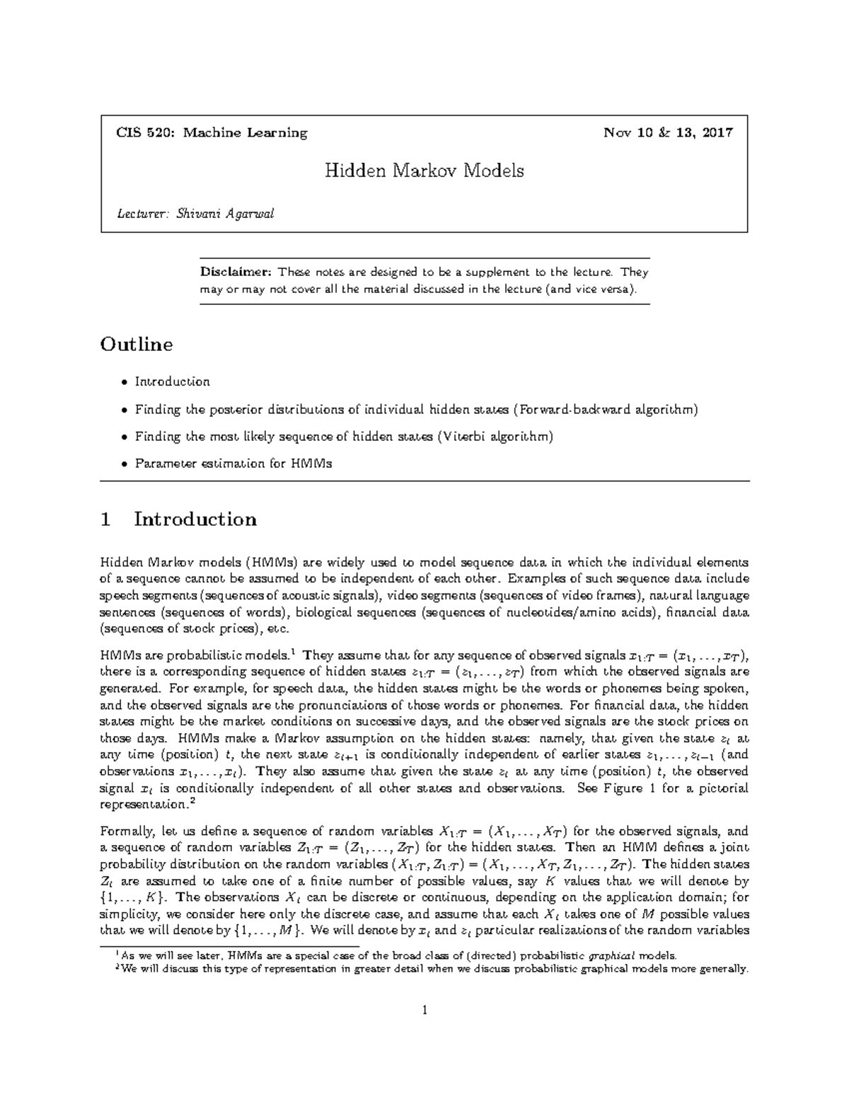 Hmm1 - HMM notes - CIS 520: Machine Learning Nov 10 13, 2017 Hidden ...