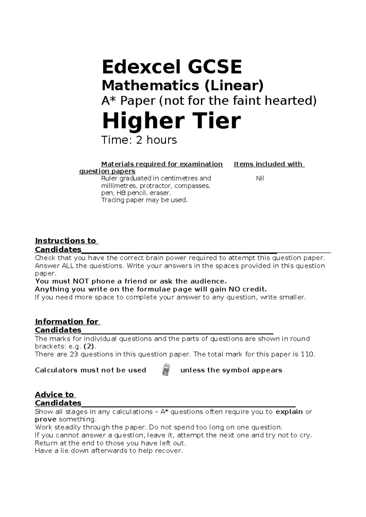 GCSE Astar paper - It's very hard so helps challenge you - Edexcel GCSE ...