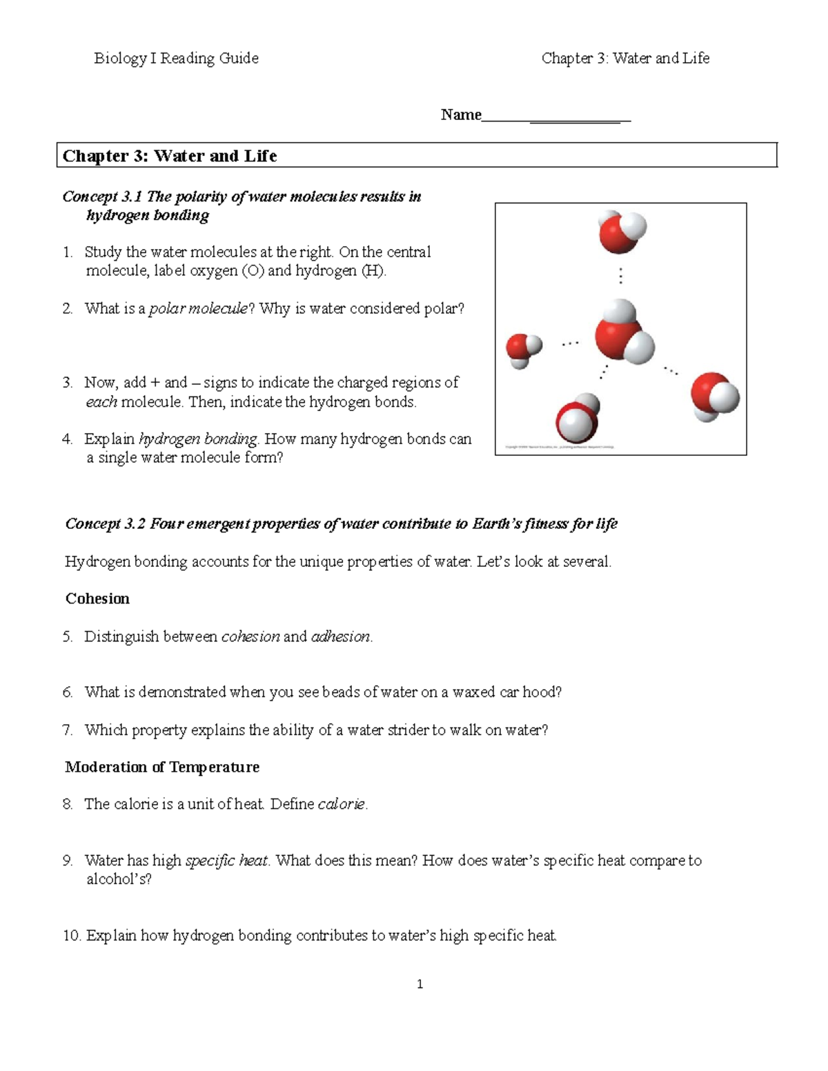 Chapter 3 Study Guide Biology I Reading Guide Chapter 3 Water And
