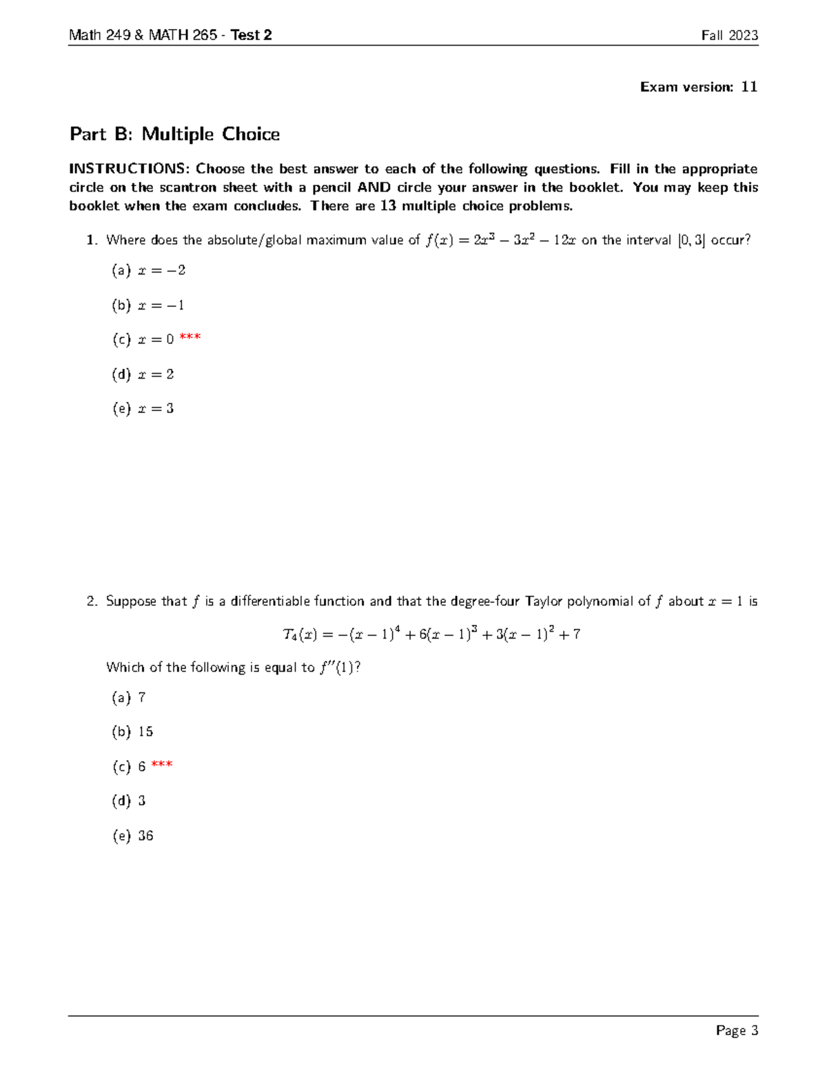 Part B 11 KEY - Fall 2023 Answer Key - Exam version: 11 Part B ...