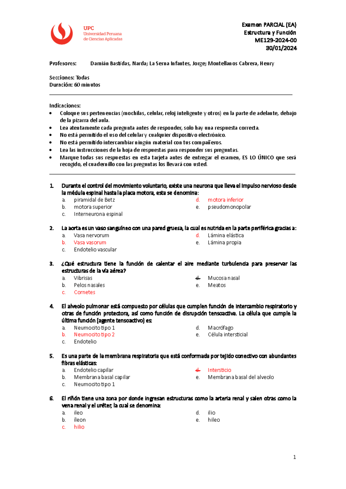 ME129 202400 Examen Parcial (EA) con claves - Estructura y Función ...