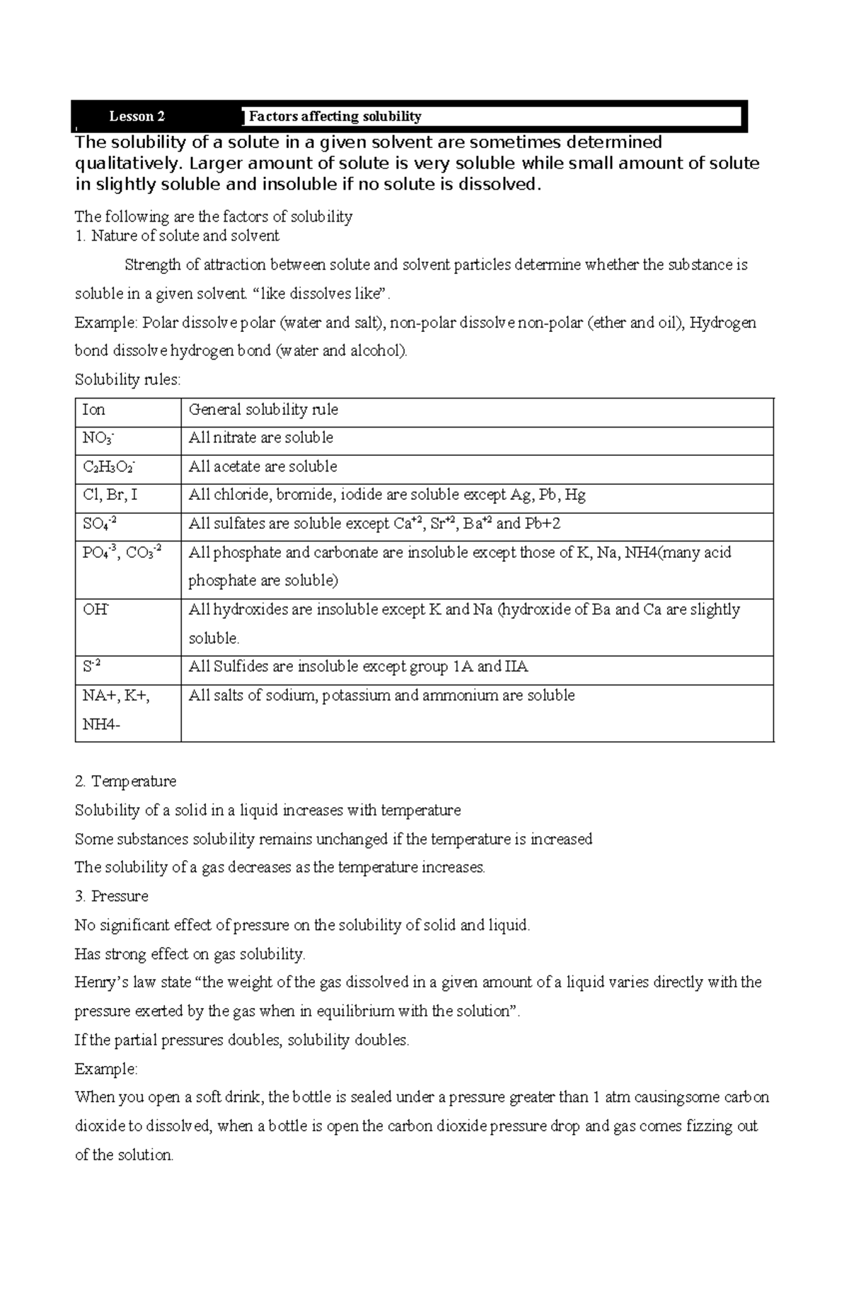 Colligative property - Lesson 2 Factors affecting solubility The ...