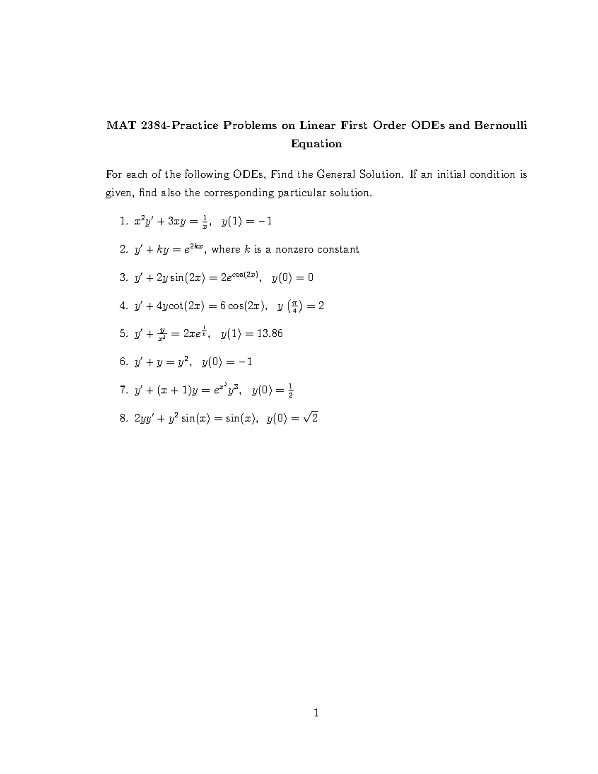 Linear 1 Bernoulli - Examples - MAT 2384-Practice Problems on Linear ...