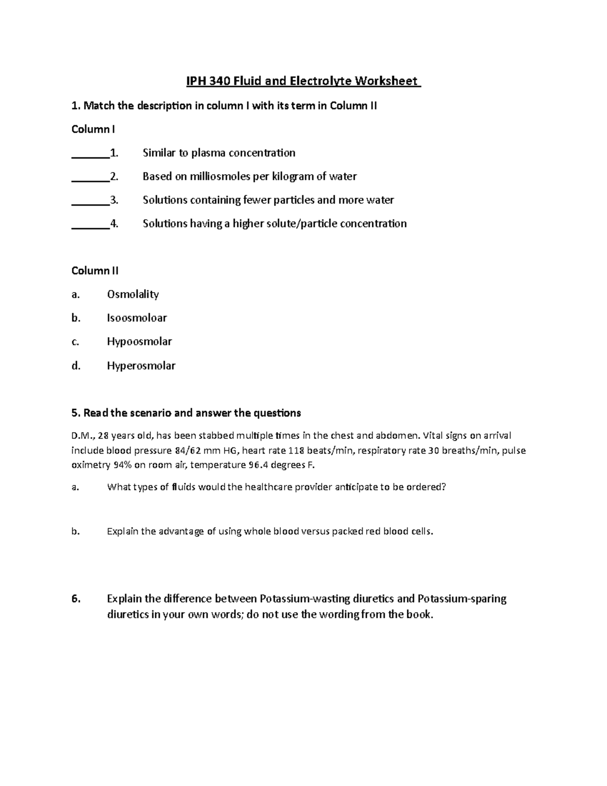 IPH 340 Fluid and Electrolyte Worksheet - IPH 340 Fluid and Electrolyte ...