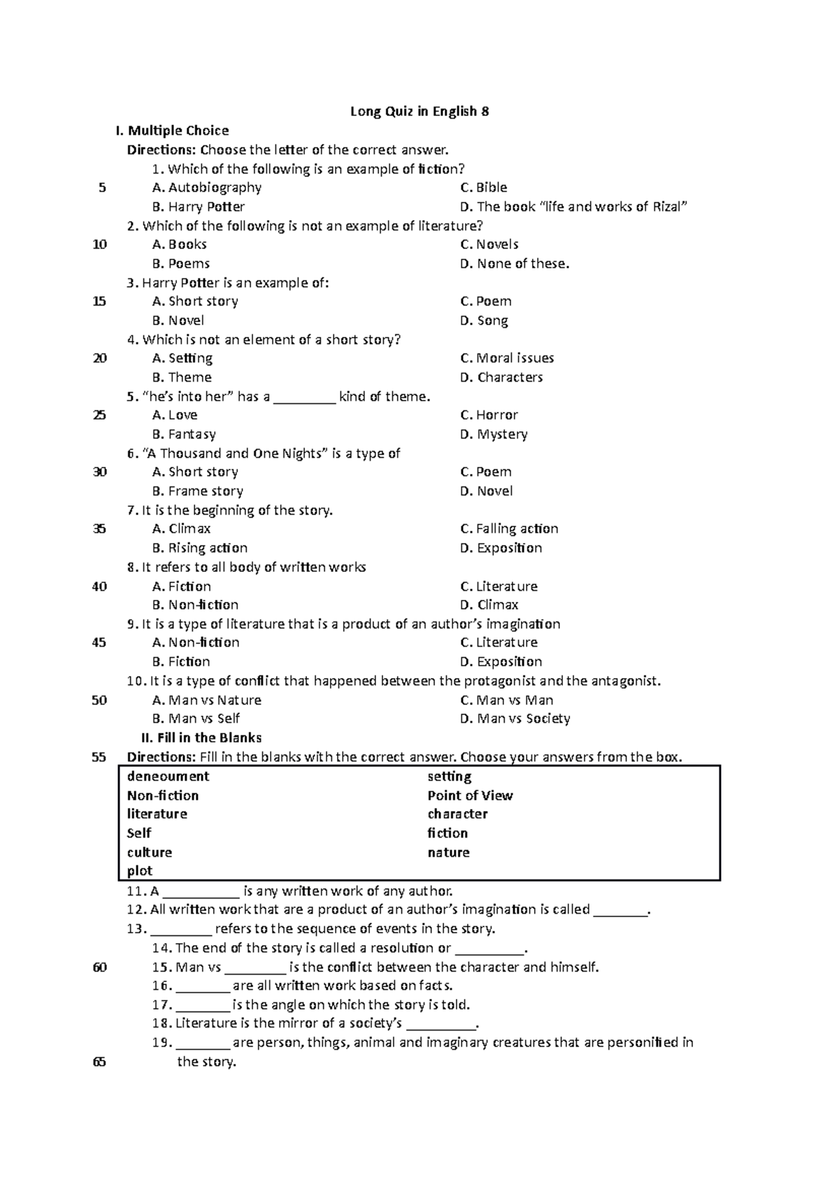 Long Quiz in English 8 - Lesson Plan - Long Quiz in English 8 I ...