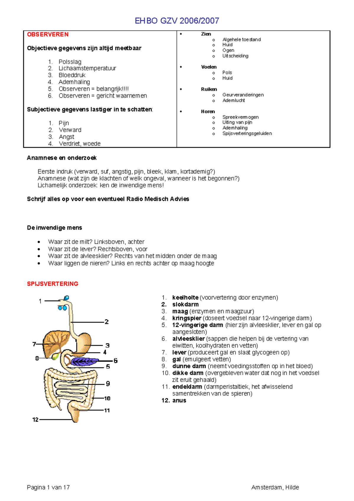 GZV EHBO - samenvatting - OBSERVEREN Objectieve gegevens zijn altijd ...
