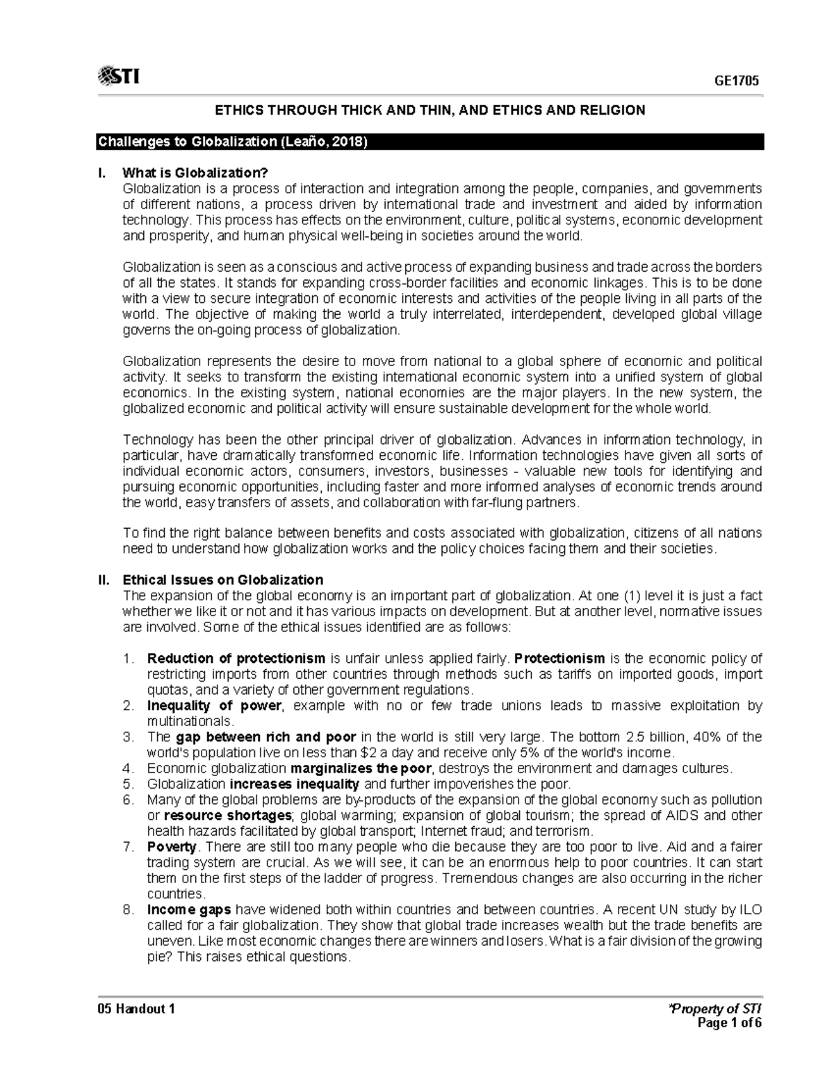 Hand out Lesson 5 Ethics PHL-1B - 05 Handout 1 *Property of STI ETHICS THROUGH THICK AND THIN ...