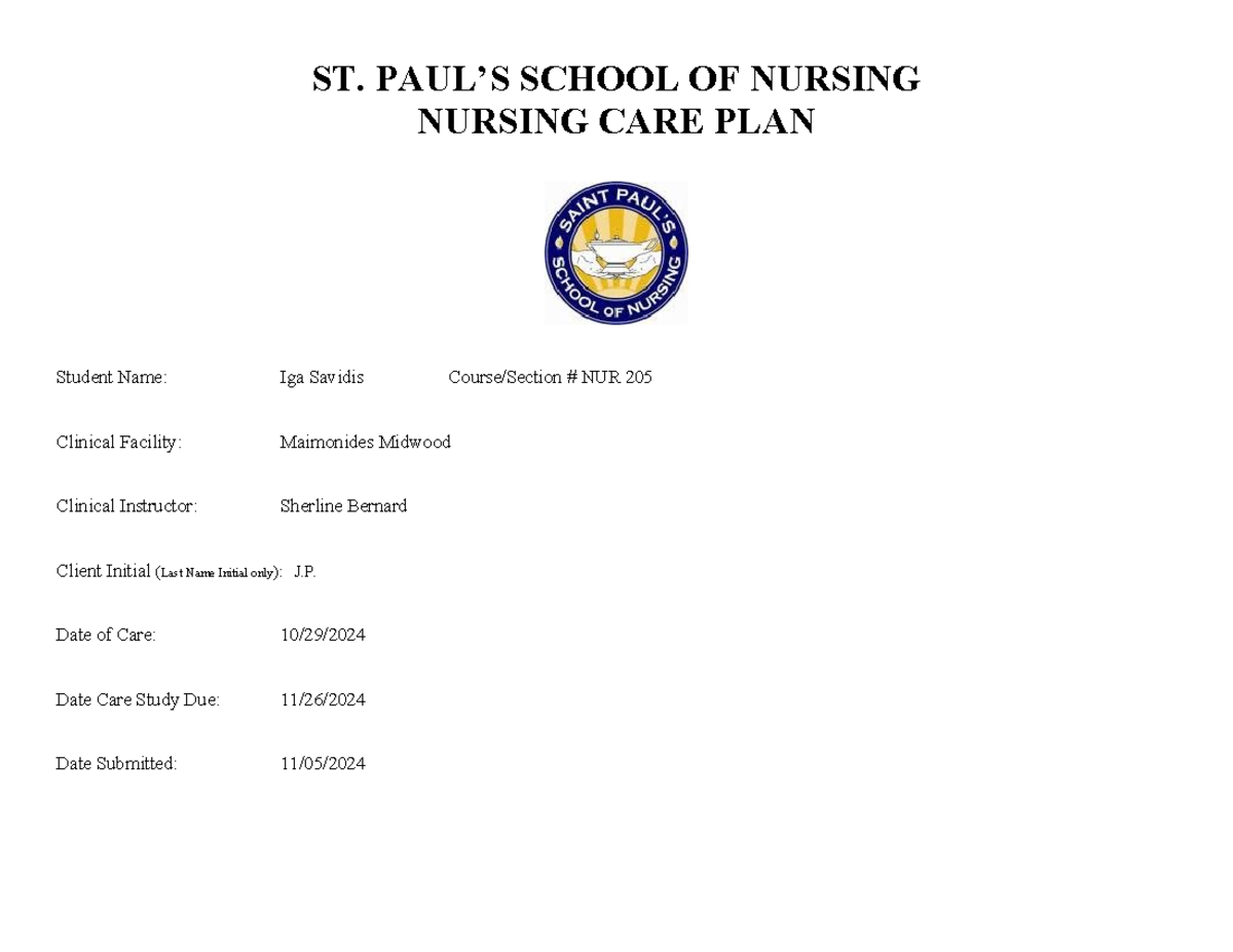 Nursing Care Plan - Care Plan - NUR 205 - Studocu