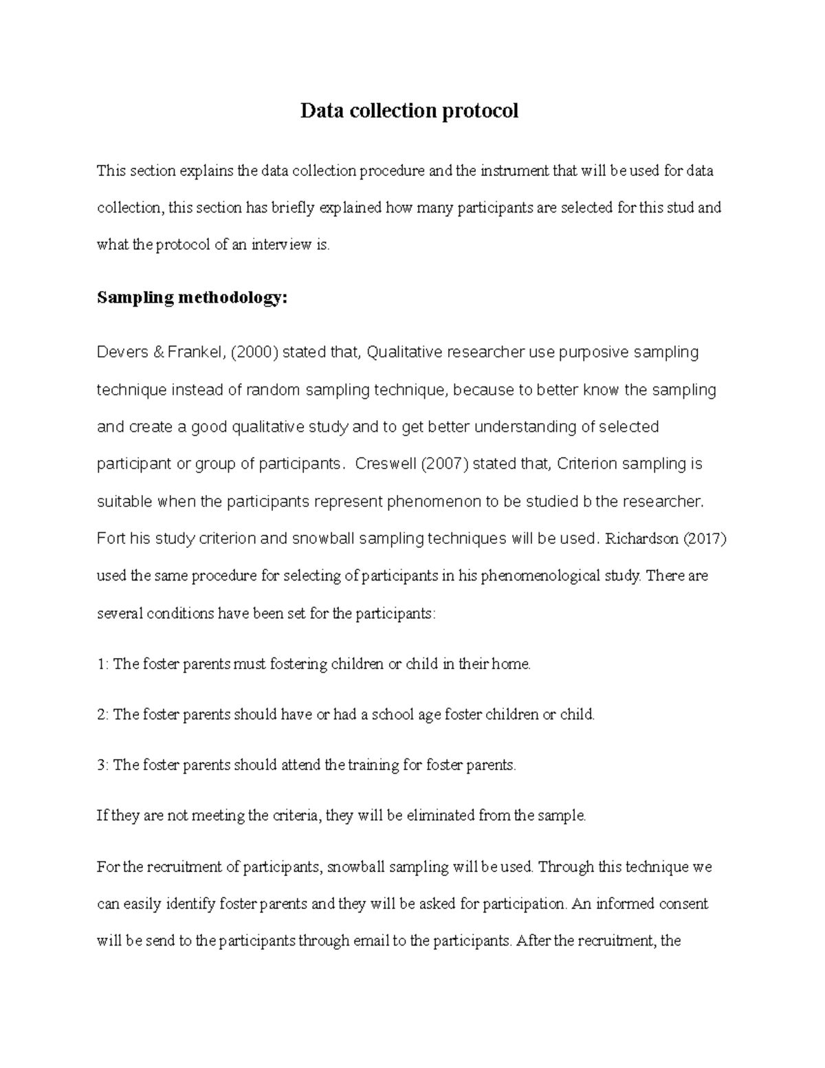 Data collection - one - Data collection protocol This section explains ...
