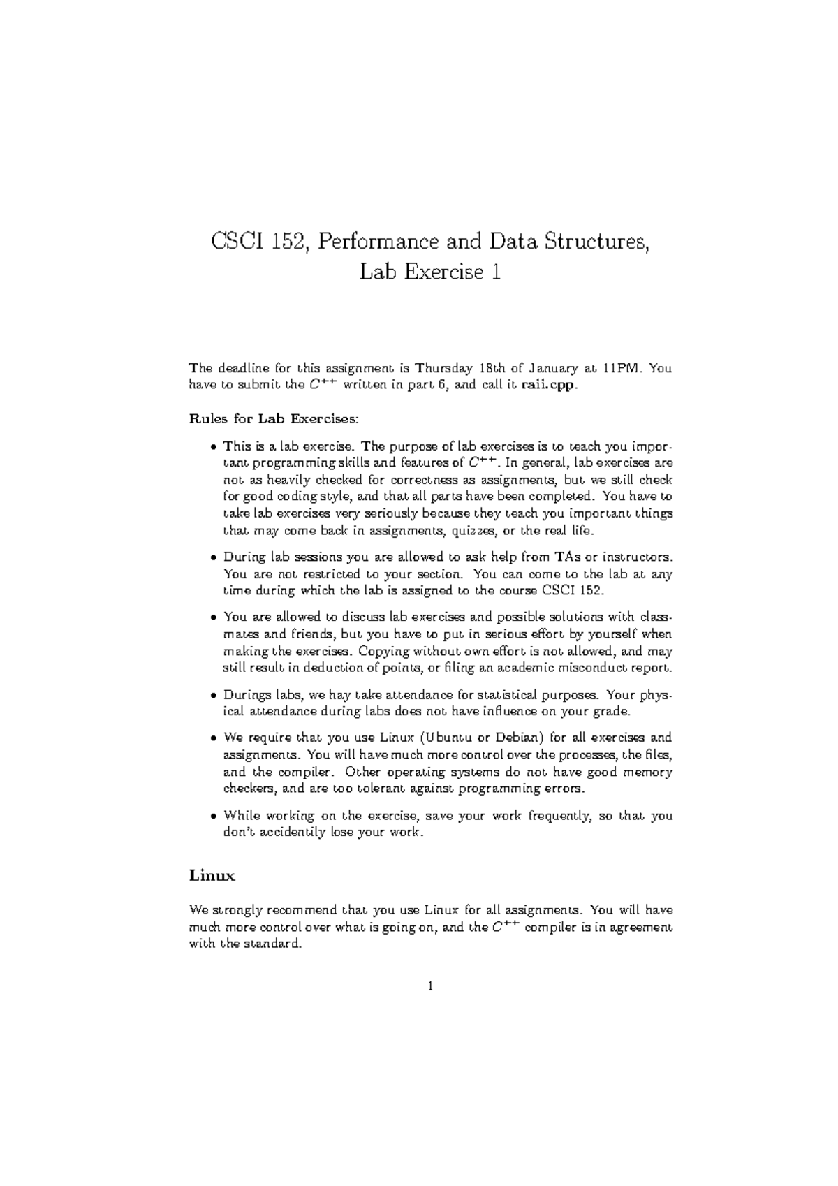 Lab01 - lab work - CSCI 152, Performance and Data Structures, Lab Exercise 1 The deadline for ...
