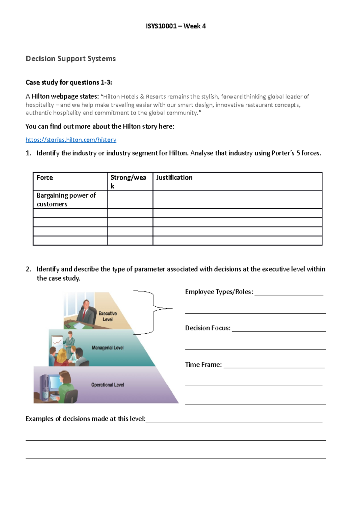 ISYS10001 Week 4 tutorial - ISYS10001 – Week 4 Decision Support Systems Case study for questions ...