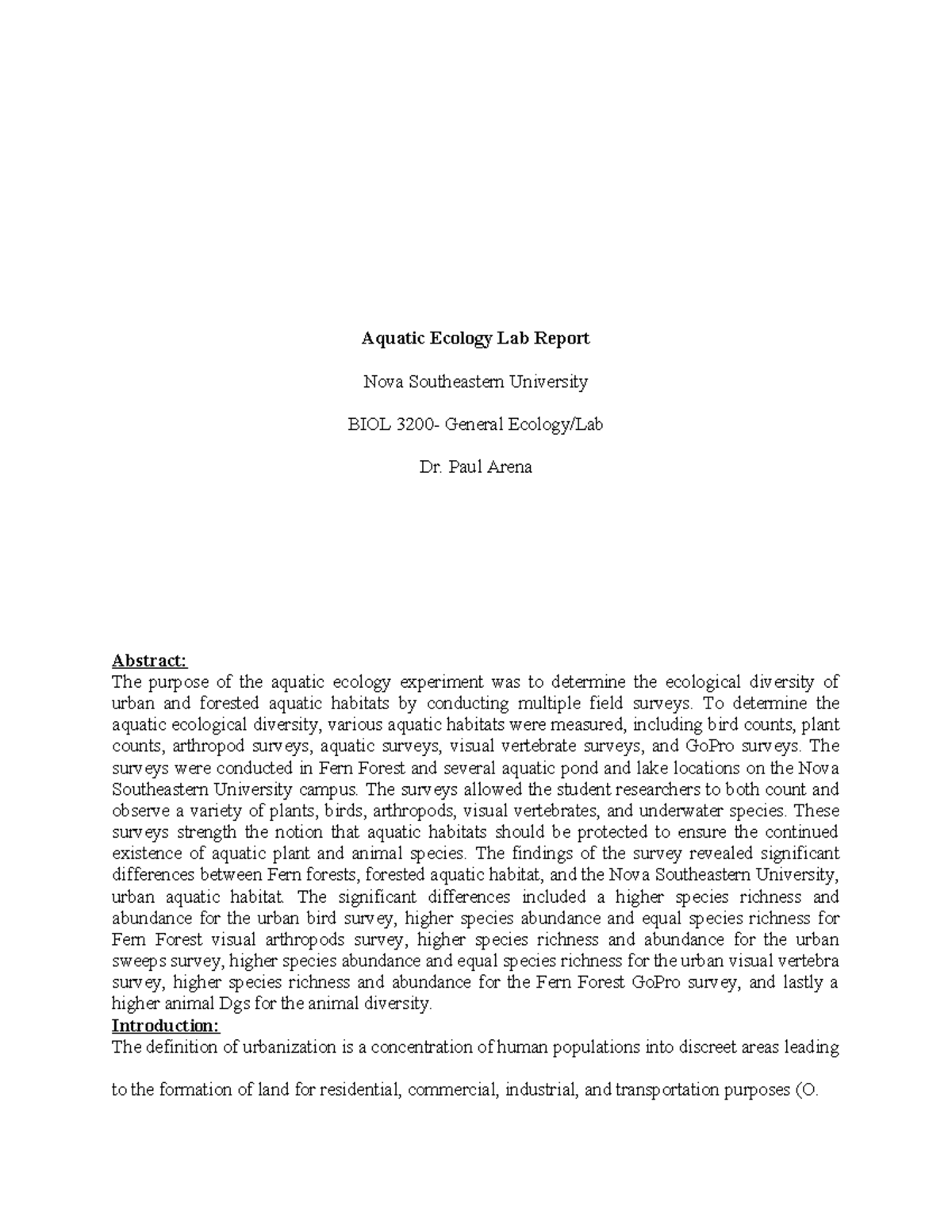 Aquatic Ecology Lab Report - Paul Arena Abstract: The purpose of the ...